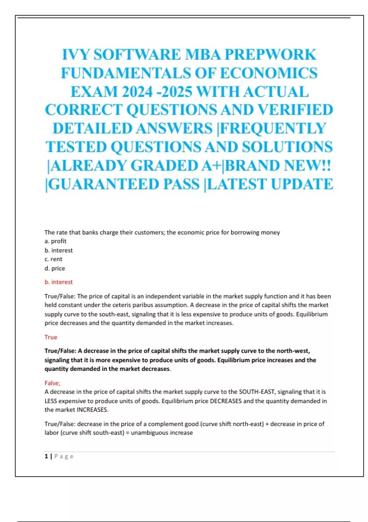 IVY SOFTWARE MBA PREPWORK FUNDAMENTALS OF ECONOMICS EXAM WITH ACTUAL ...