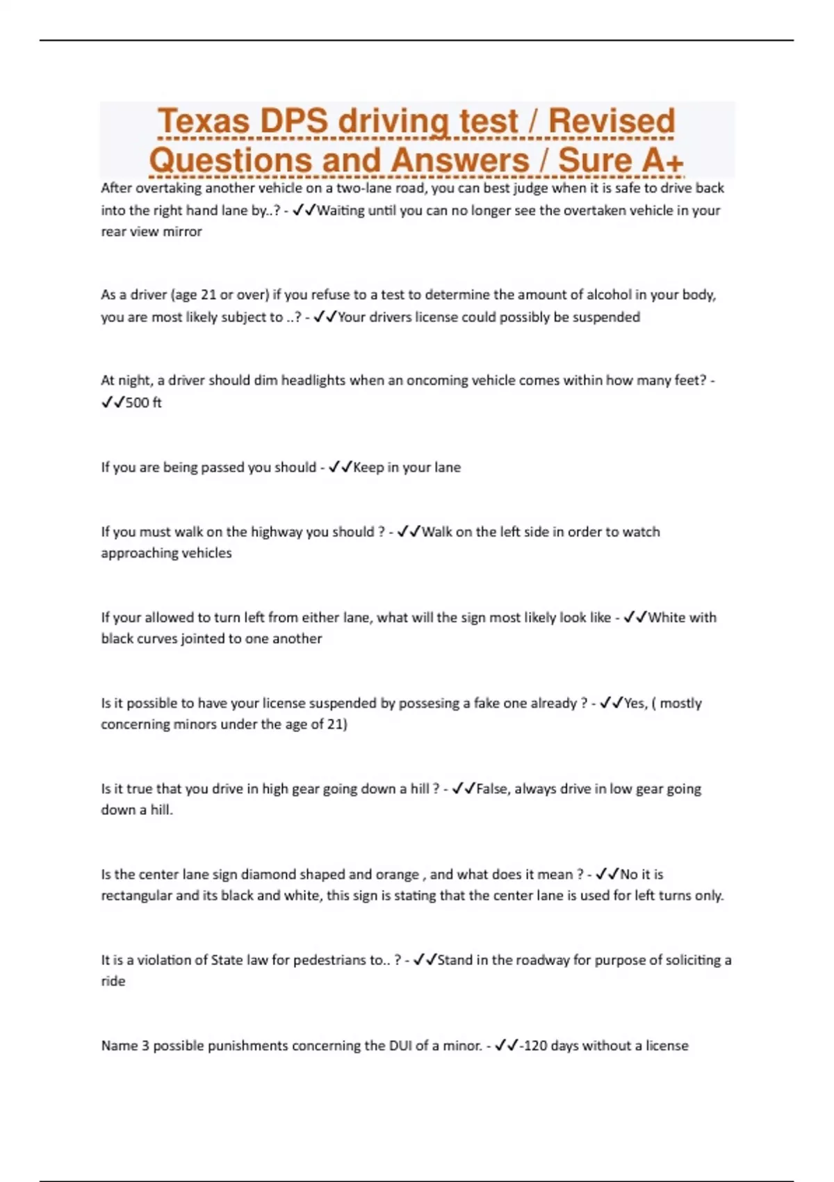 Texas DPS driving test / Revised Questions and Answers / Sure A+ ...