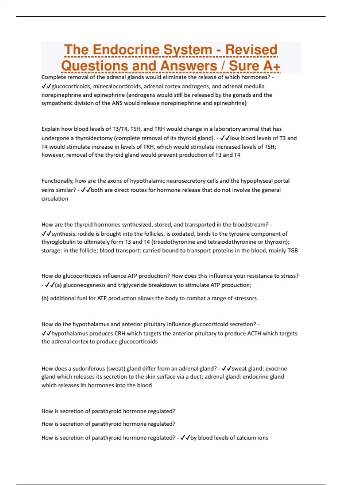 The Endocrine System - Revised Questions and Answers / Sure A+ - Endo ...