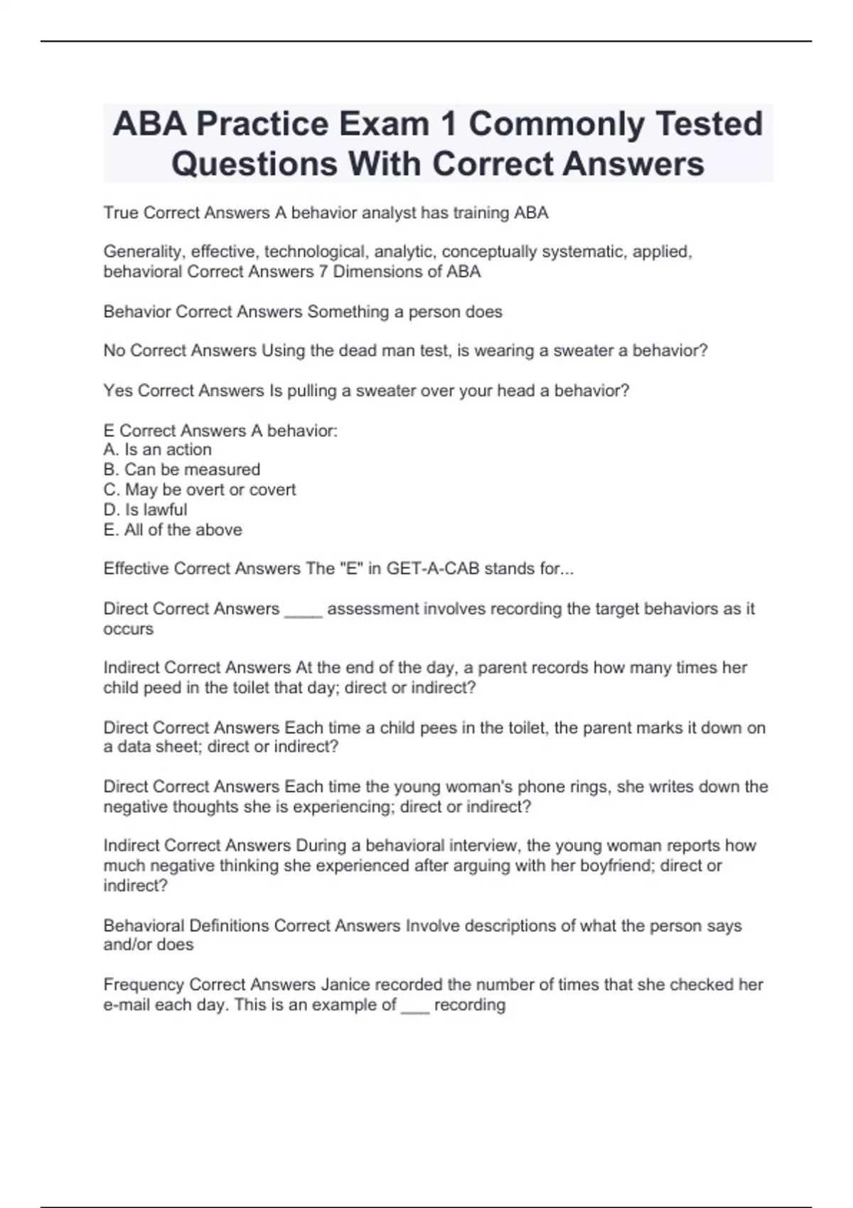 ABA Practice Exam 1 Commonly Tested Questions With Correct Answers ...