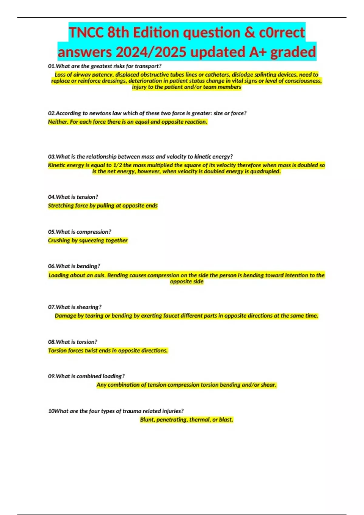 TNCC 8th Edition question & c0rrect answers 2024/2025 updated A+ graded ...