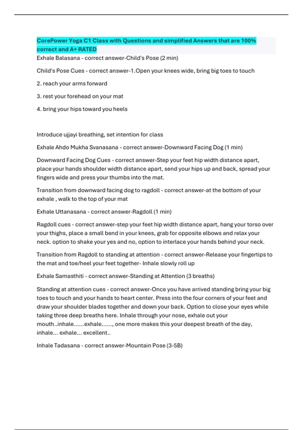 CorePower Yoga C1 Class with Questions and simplified Answers that are ...