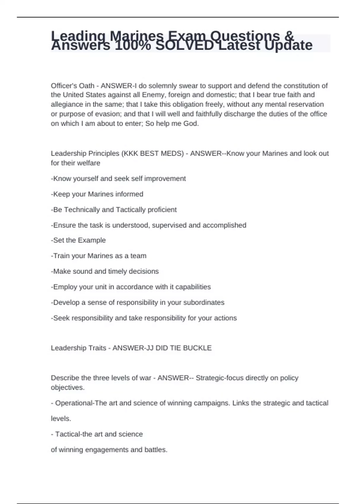 Leading Marines Exam Questions & Answers 100% SOLVED Latest Update ...
