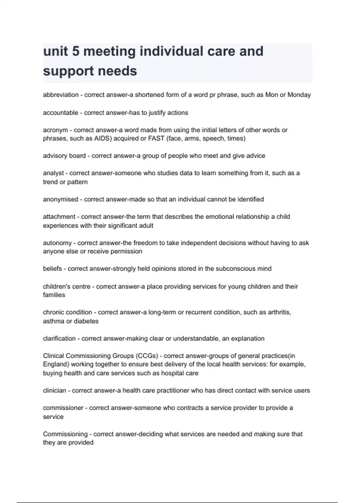 Unit 5 - Meeting individual care and support needs questions and ...