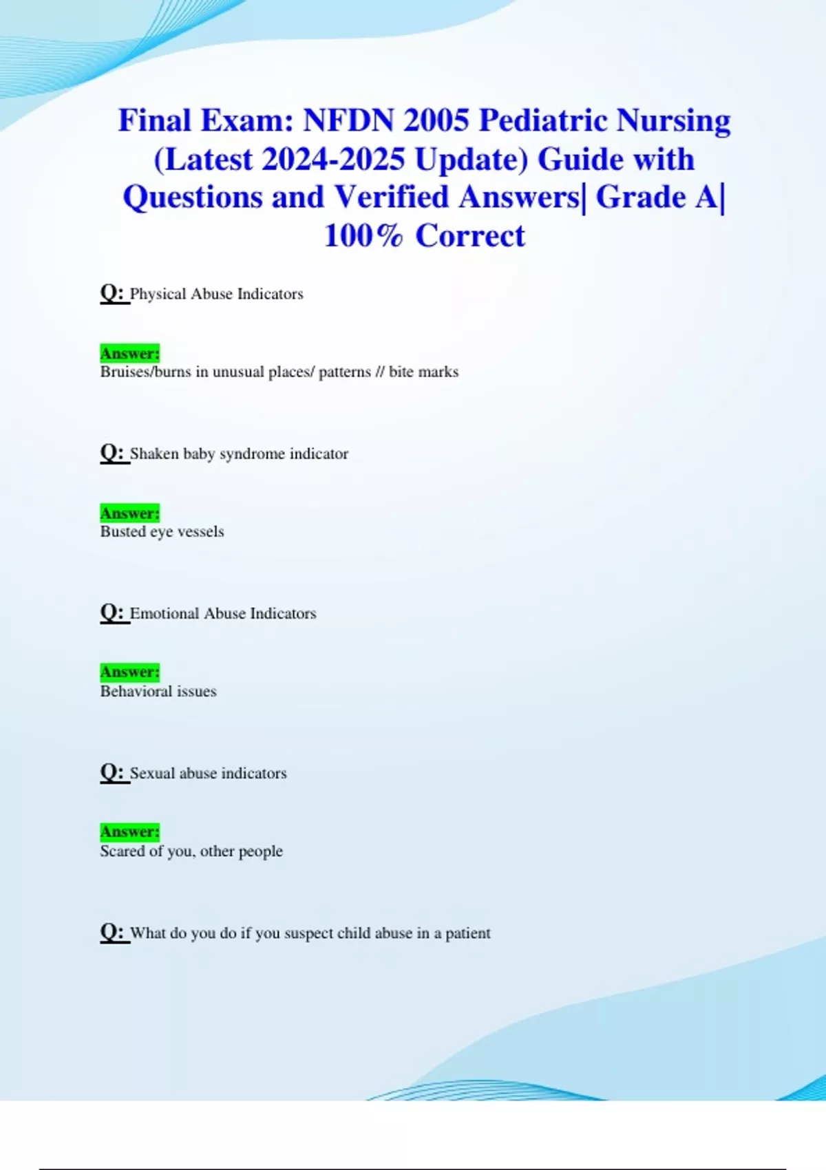 Final Exam: NFDN 2005 Pediatric Nursing (Latest Update) Guide with ...