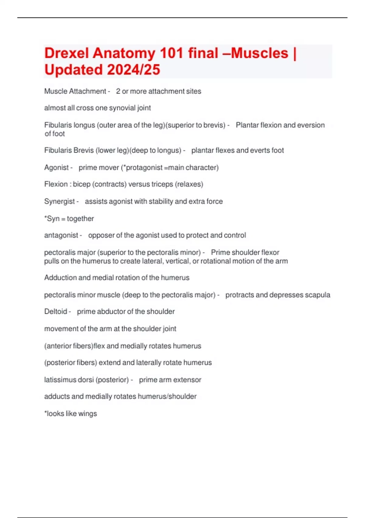 Drexel Anatomy 101 final –Muscles | Updated 2024/25 - Drexel Anatomy ...