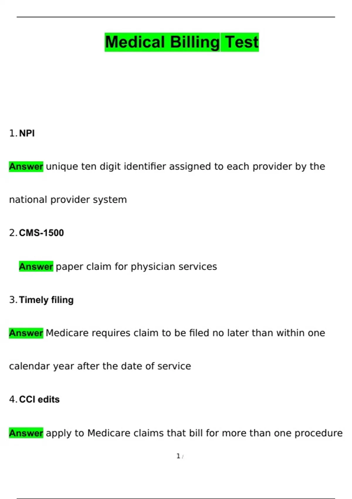 Medical Billing Test 2024 Questions with 100% Correct Answers ...