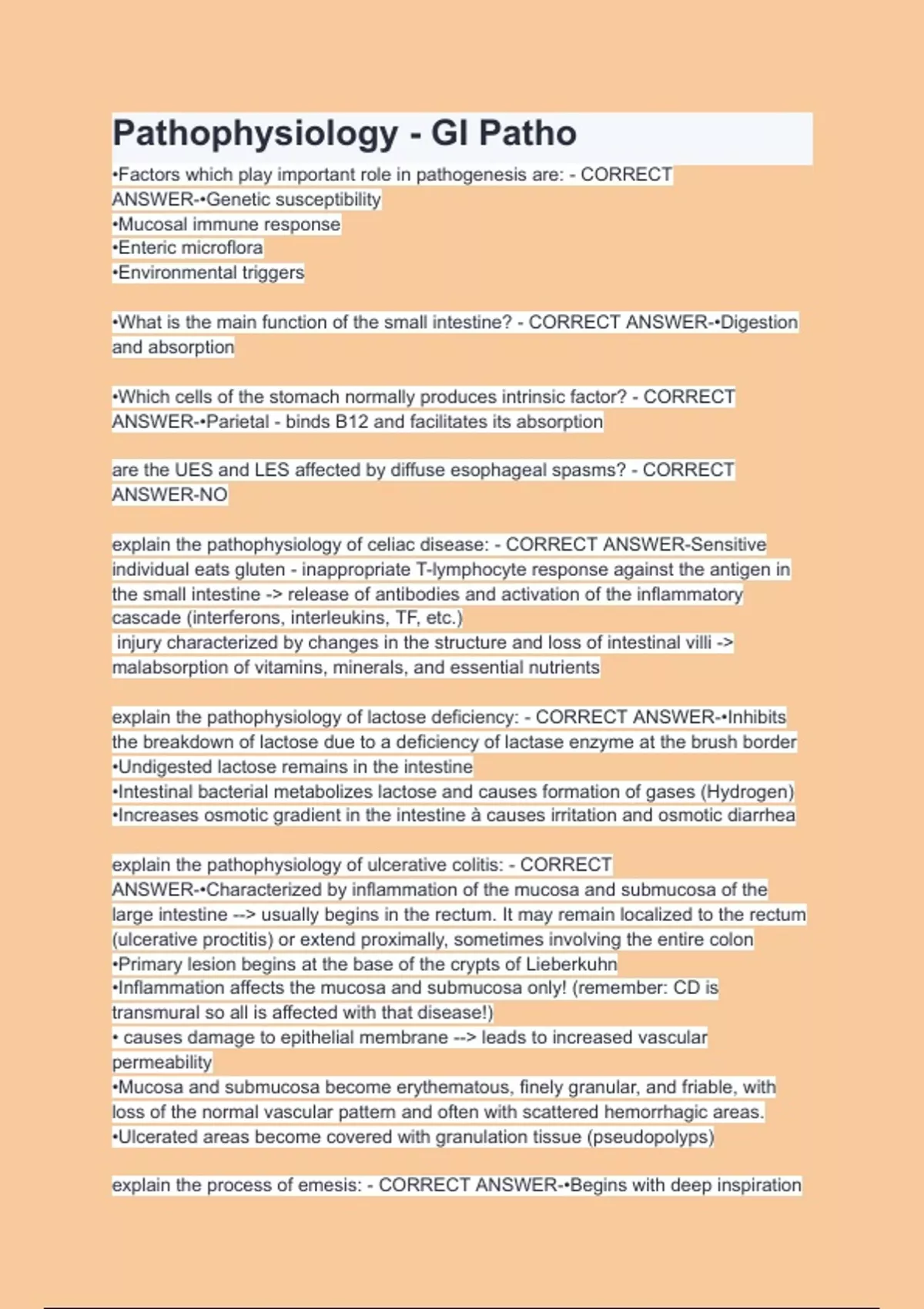 Pathophysiology - GI Patho 2024 Questions with verified correct answers ...