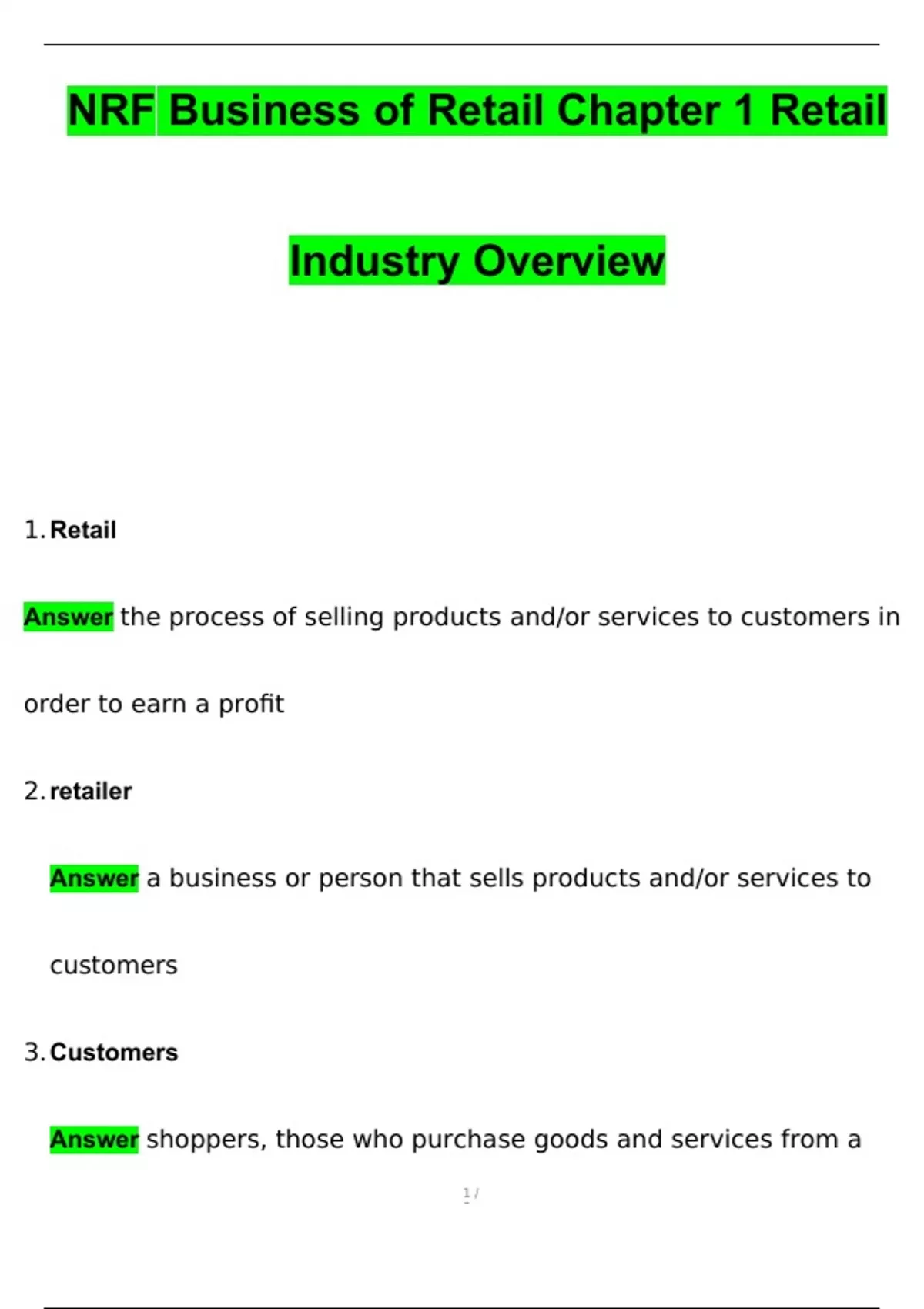 NRF Business of Retail Chapter 1 Retail Industry Overview Questions ...