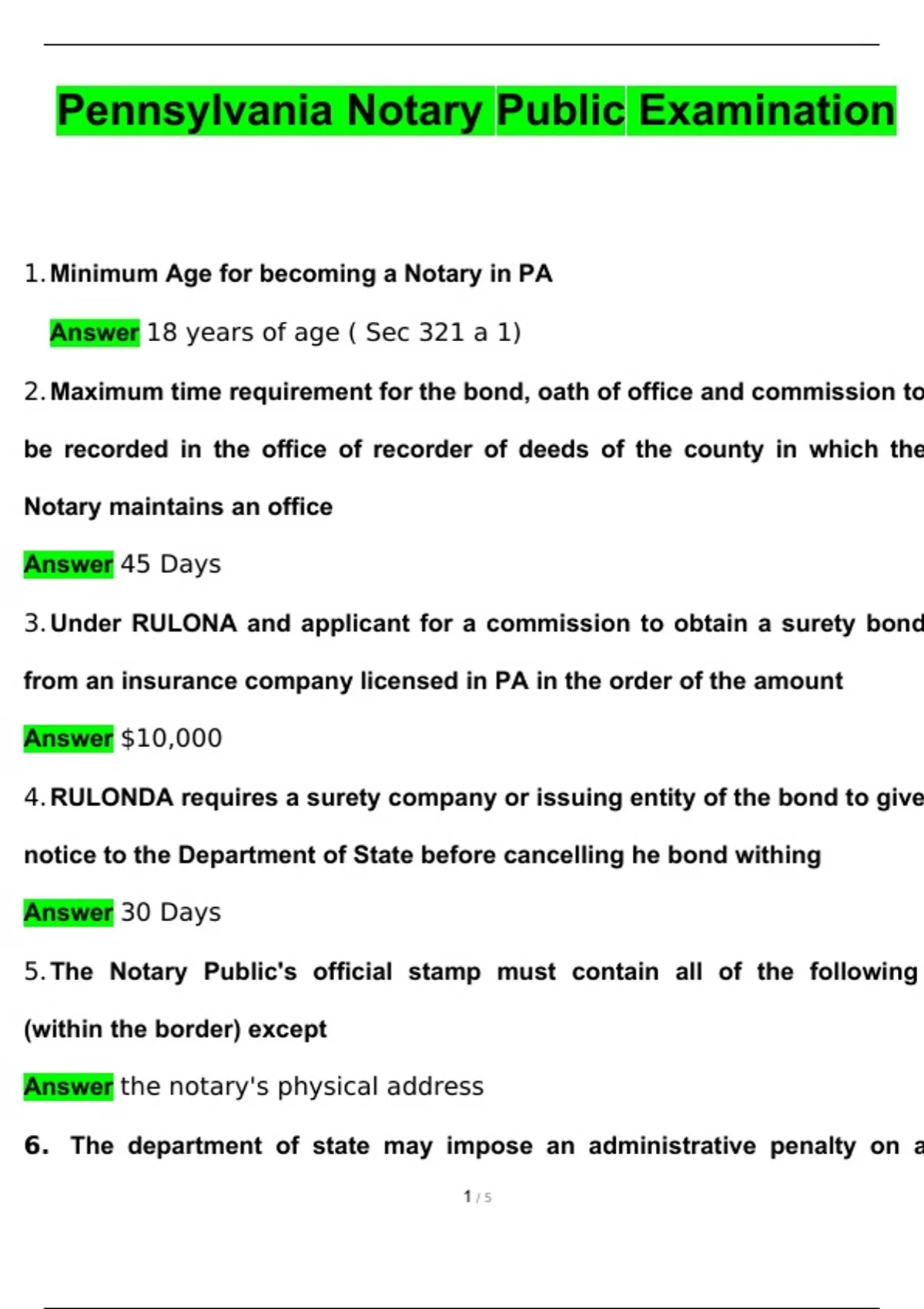 Pennsylvania Notary Public Examination Questions with 100% Correct ...