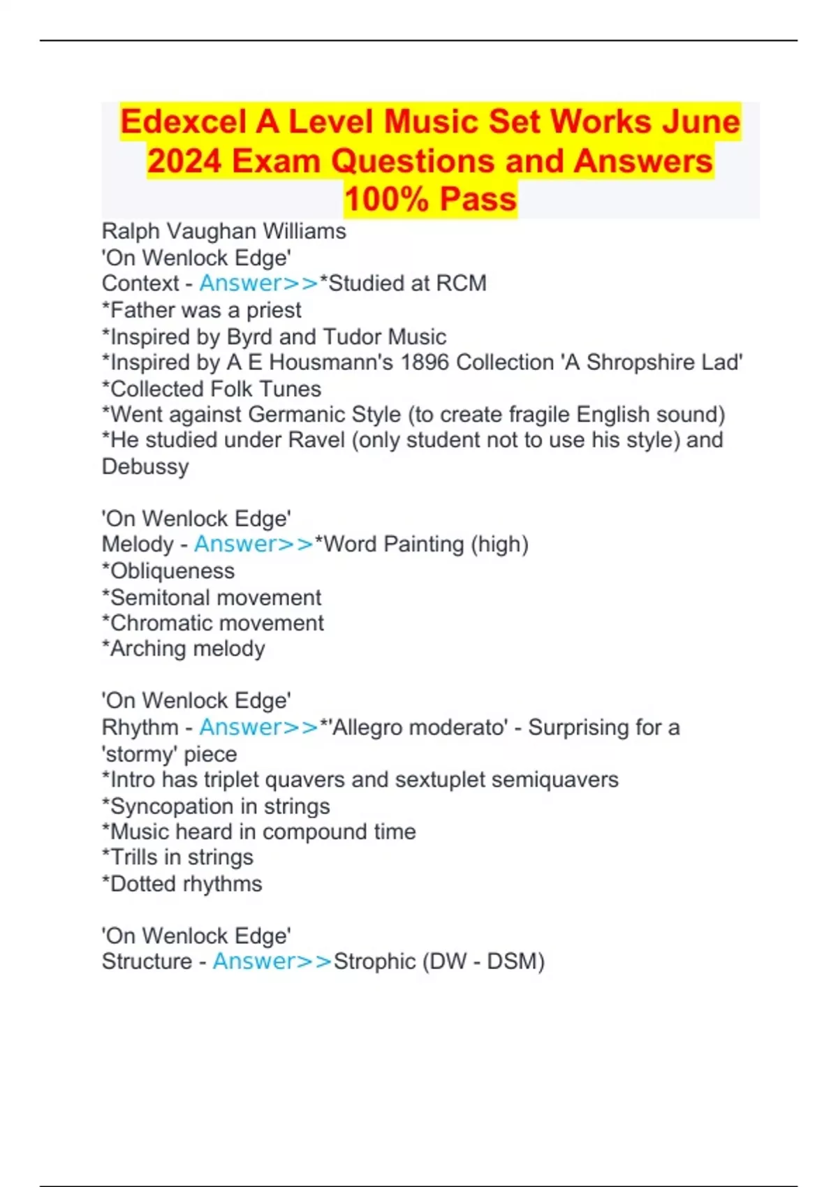 Edexcel A Level Music Set Works June 2024 Exam Questions and Answers 100% Pass - Edexcel A Level ...