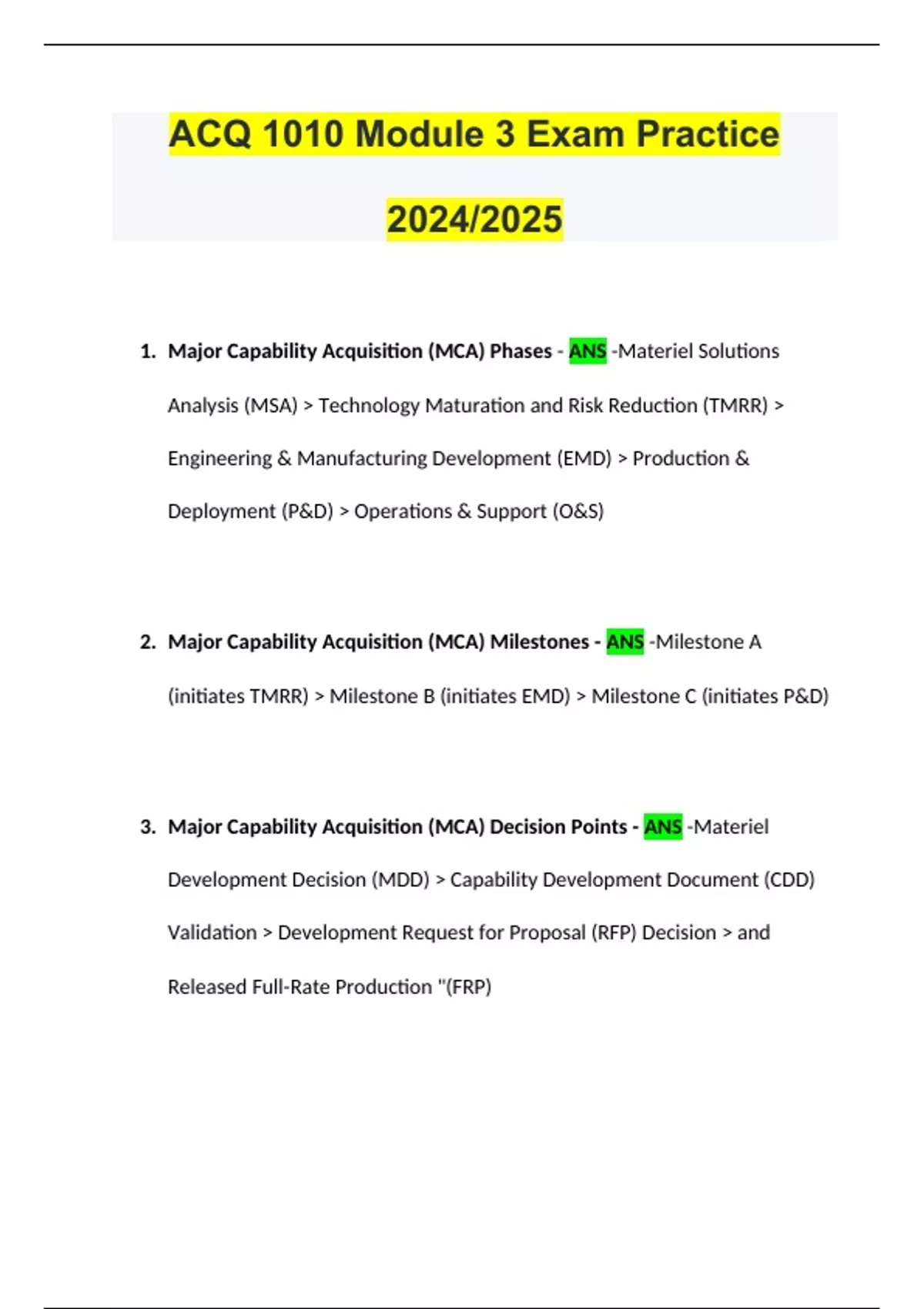 ACQ 1010 Module 3 Exam Practice 2024/2025 - ACQ - Stuvia US