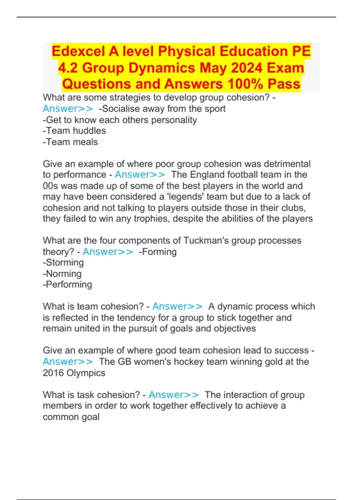 Edexcel A level Physical Education PE 4.2 Group Dynamics May 2024 Exam ...
