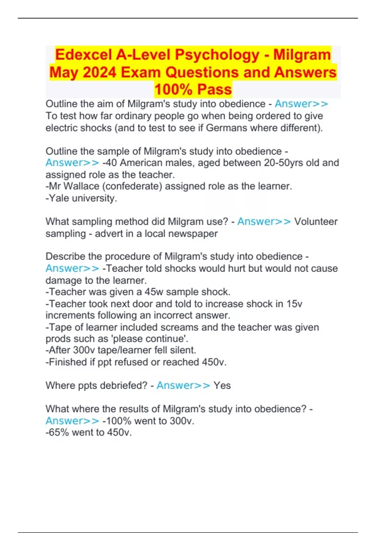 Edexcel A-Level Psychology - Milgram May 2024 Exam Questions and ...