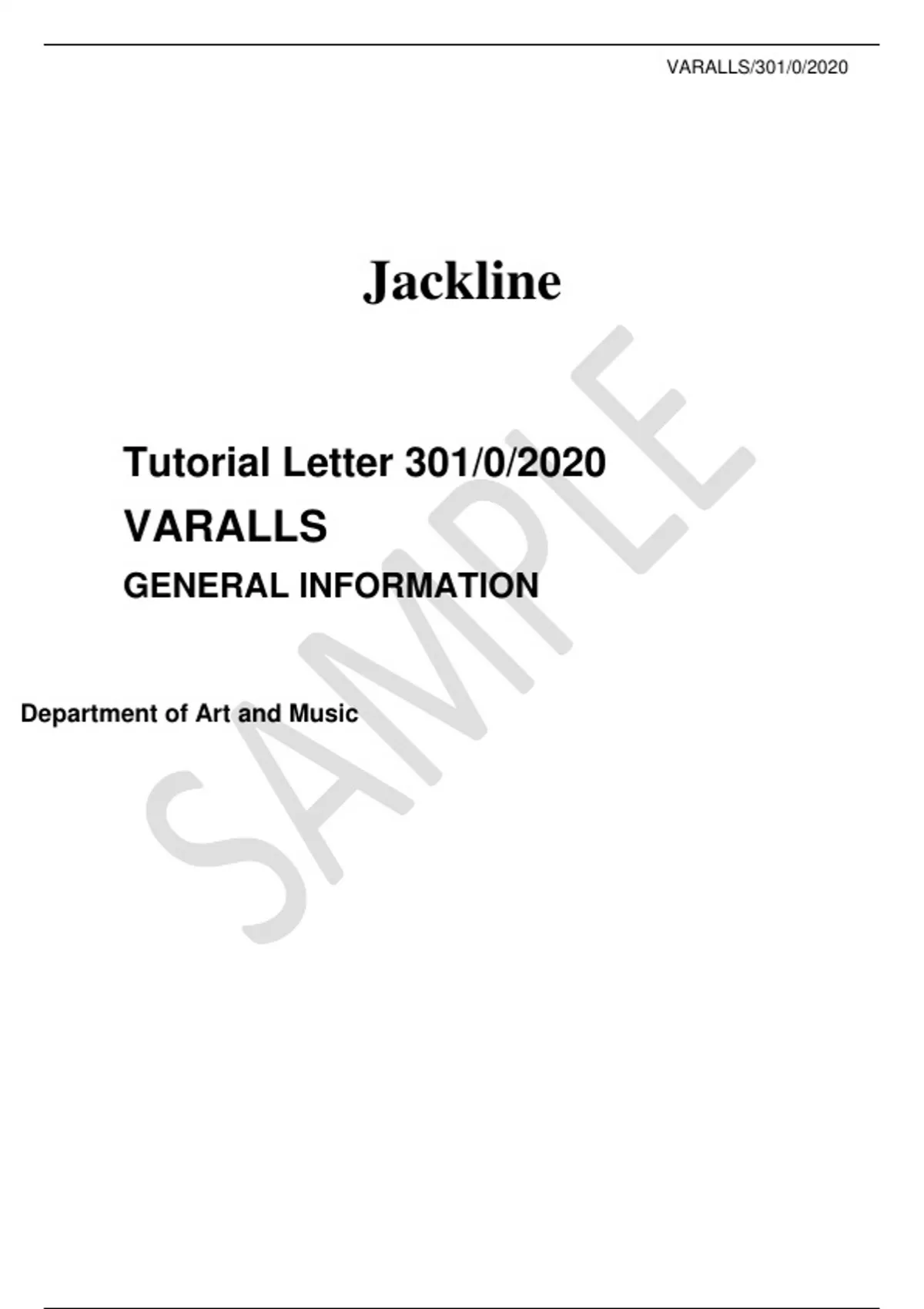 Tutorial Letter 301/0/2020 VARALLS GENERAL INFORMATION Department of ...