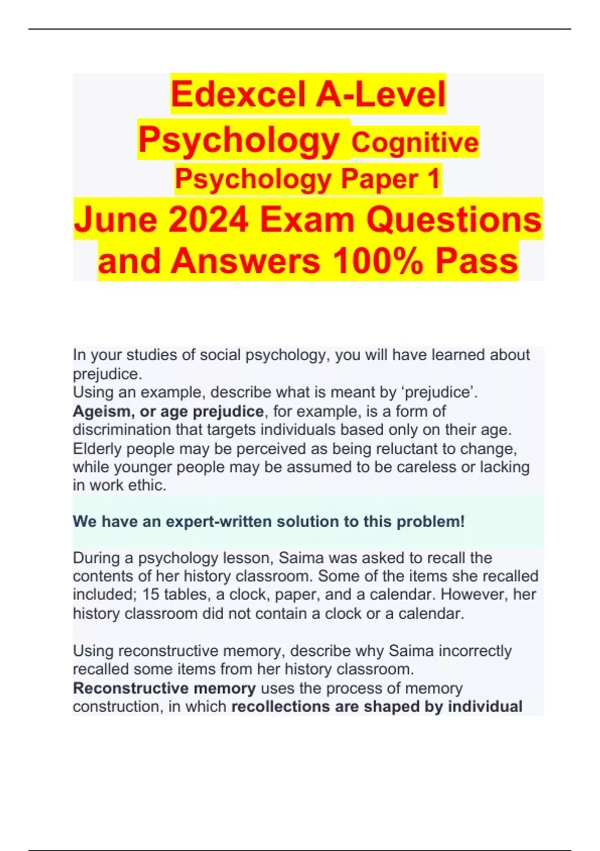 Edexcel A-Level Psychology Cognitive Psychology Paper 1 June 2024 Exam Questions and Answers 100 ...