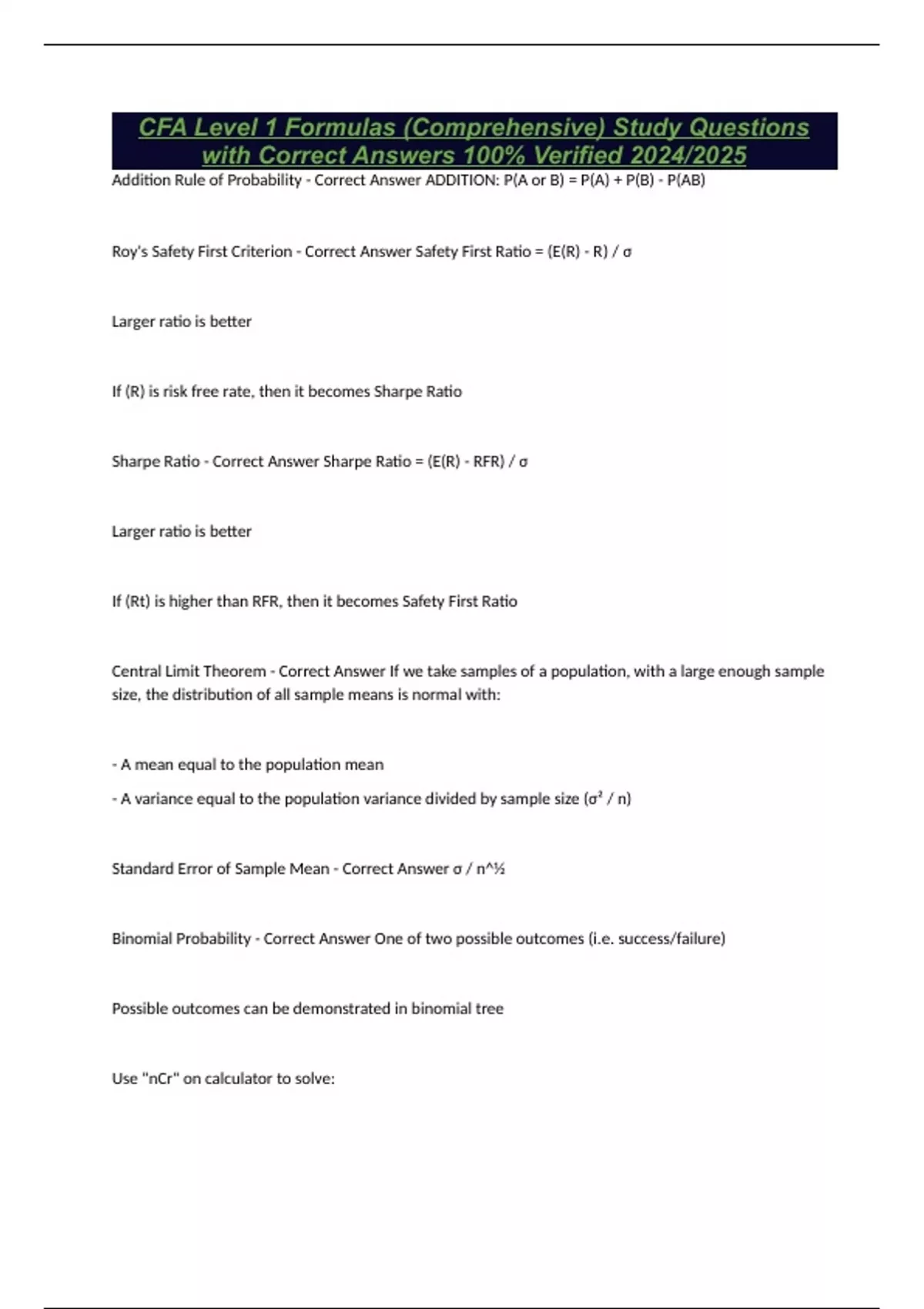 CFA Level 1 Formulas (Comprehensive) Study Questions with Correct ...