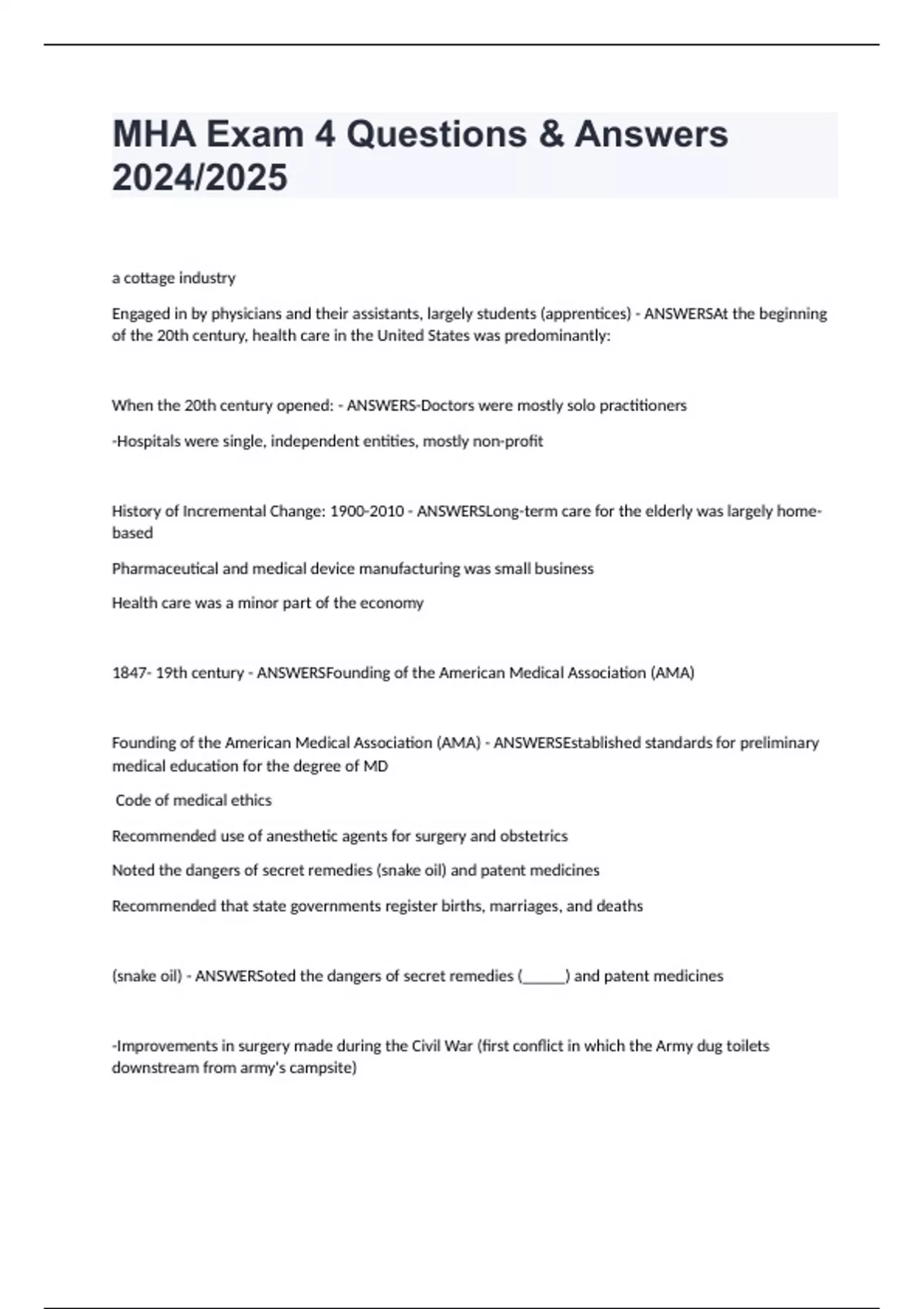 MHA Exam 4 Questions & Answers 2024/2025 - MHA - Stuvia US