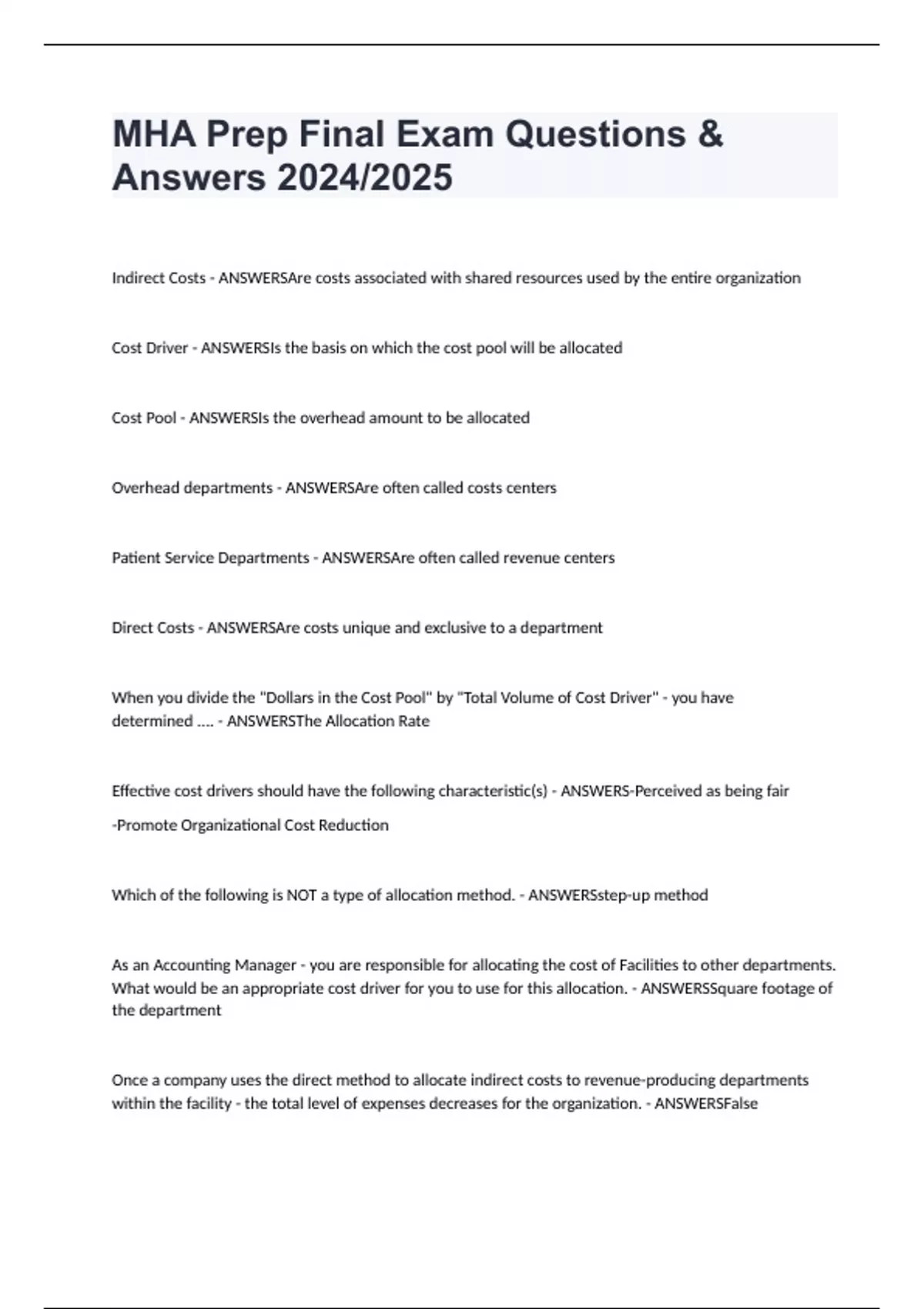 MHA Prep Final Exam Questions & Answers 2024/2025 - MHA Prep - Stuvia US