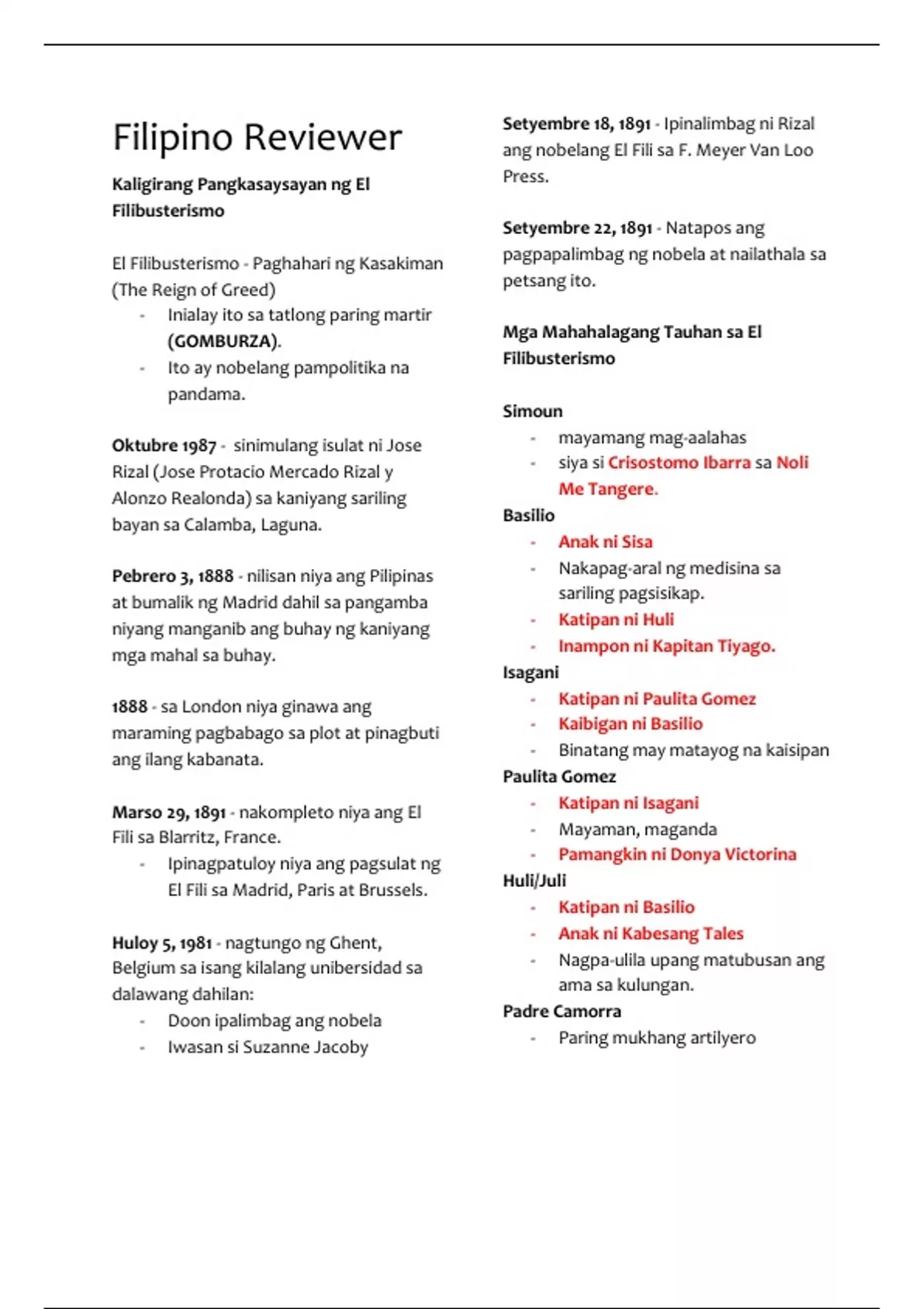Sumario Timeline at Mga Tauhan ng El Filibusterismo - Filipino - Stuvia US