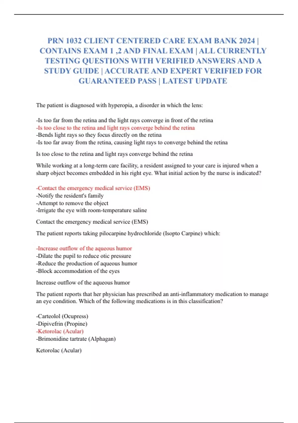 PRN 1032 CLIENT CENTERED CARE EXAM BANK 2024 | CONTAINS EXAM 1 ,2 AND FINAL EXAM | ALL CURRENTLY ...