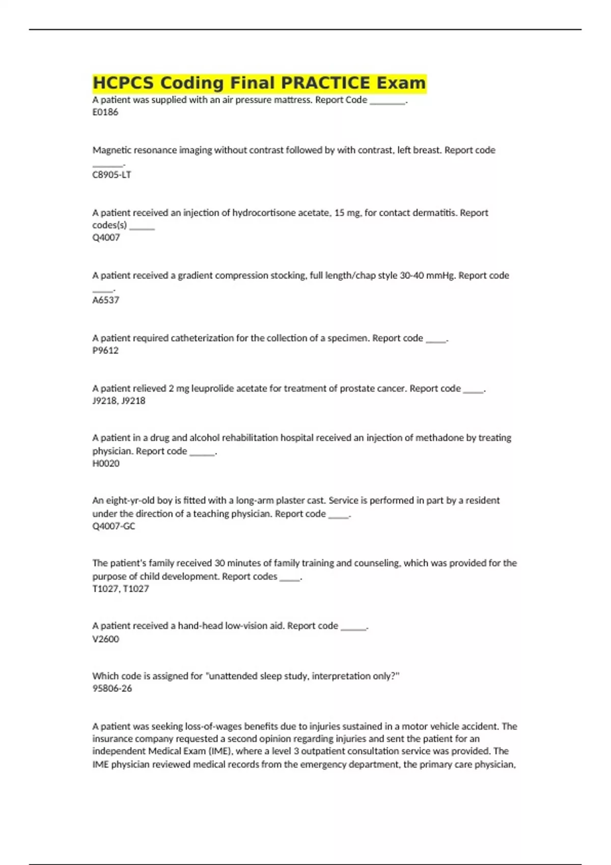 HCPCS Coding Final PRACTICE Exam - HCPCS - Stuvia US