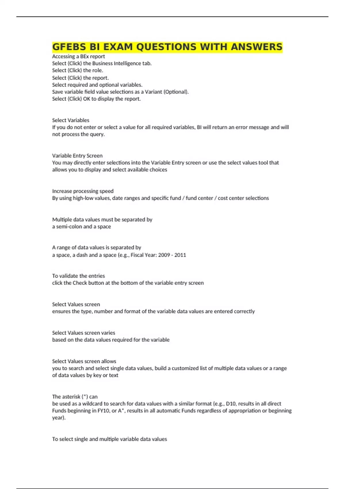 GFEBS BI EXAM QUESTIONS WITH ANSWERS - GFEBS - Stuvia US