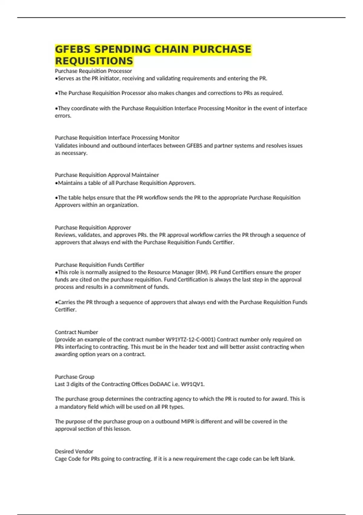 GFEBS SPENDING CHAIN PURCHASE REQUISITIONS - GFEBS - Stuvia US