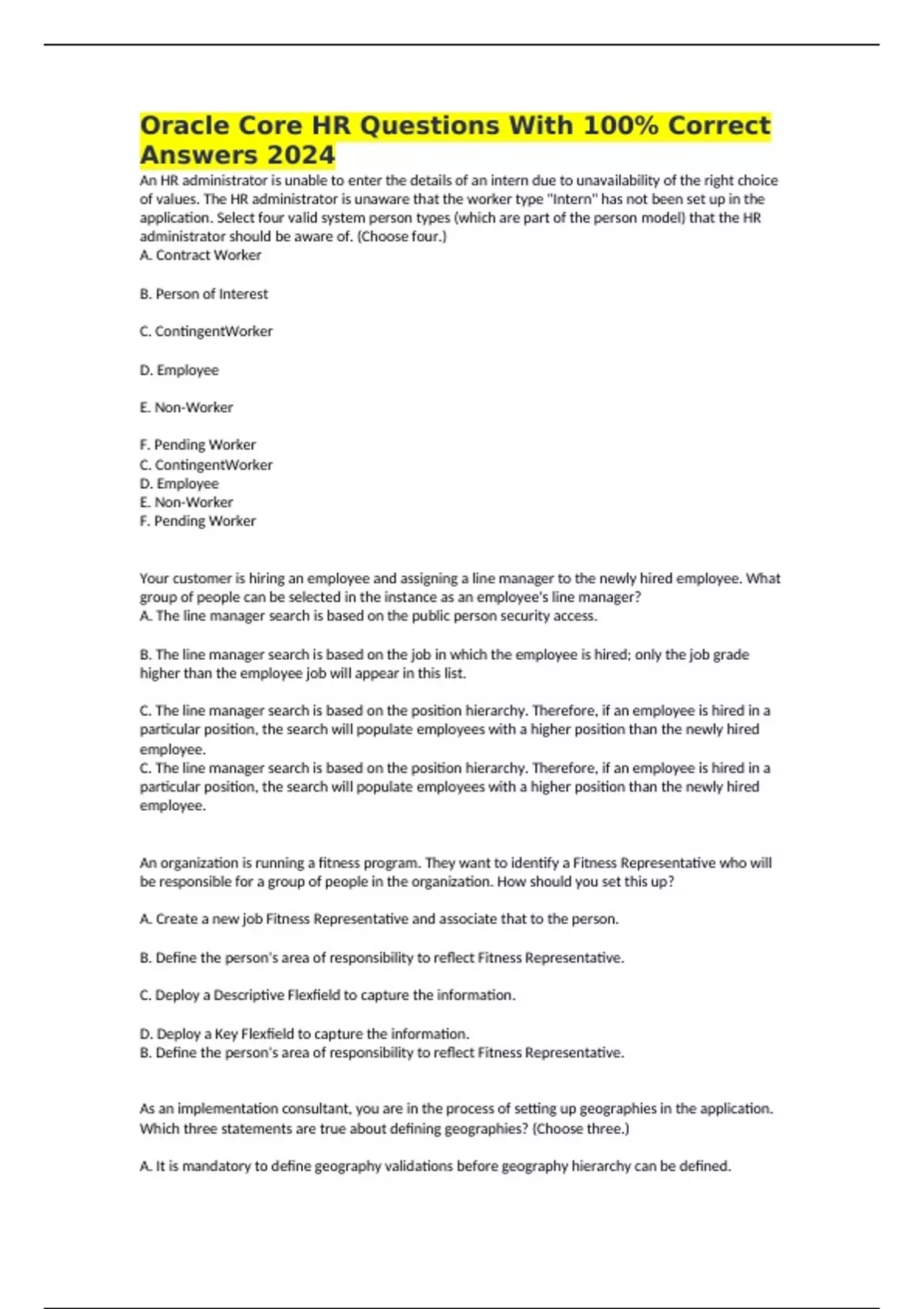 Oracle Core HR Questions With 100% Correct Answers 2024 - NUR 612 ...