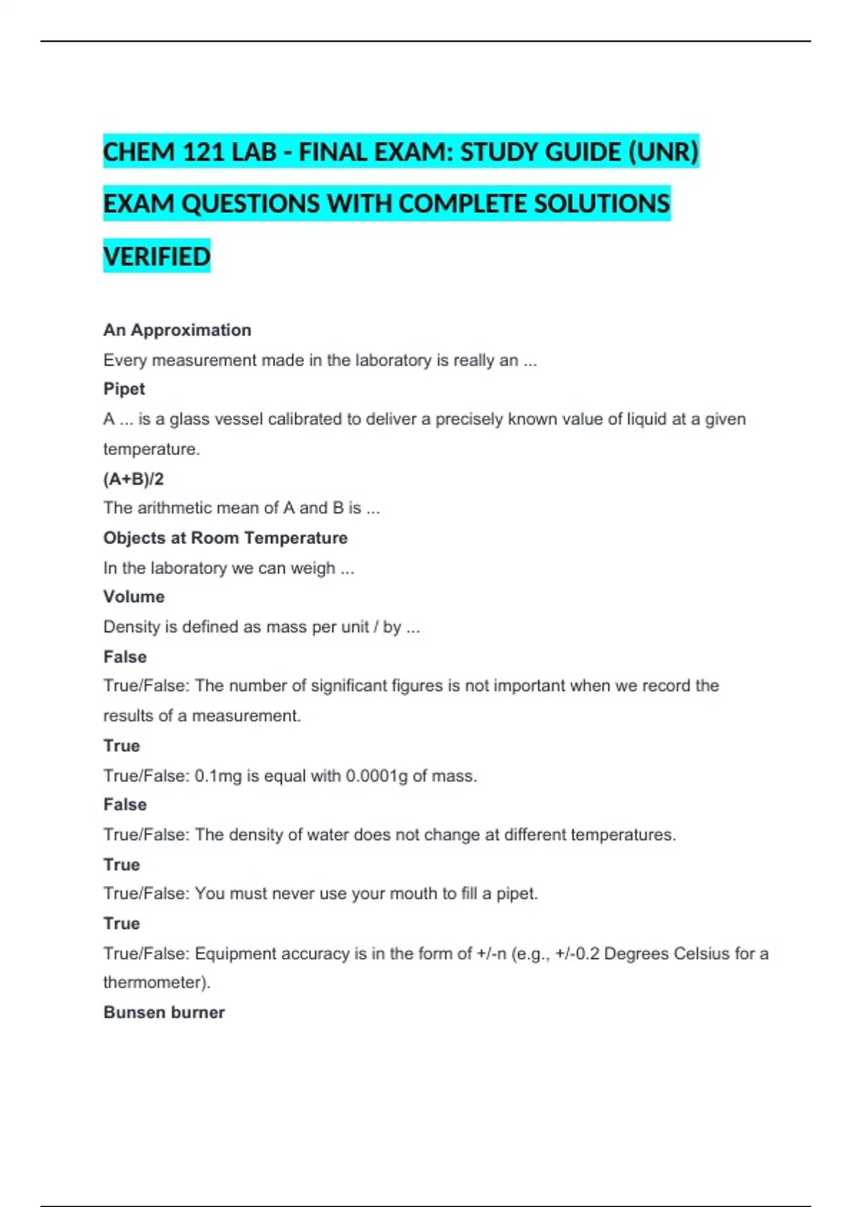 Chem 121 Lab Final Exam Study Guide Unr Exam Questions With