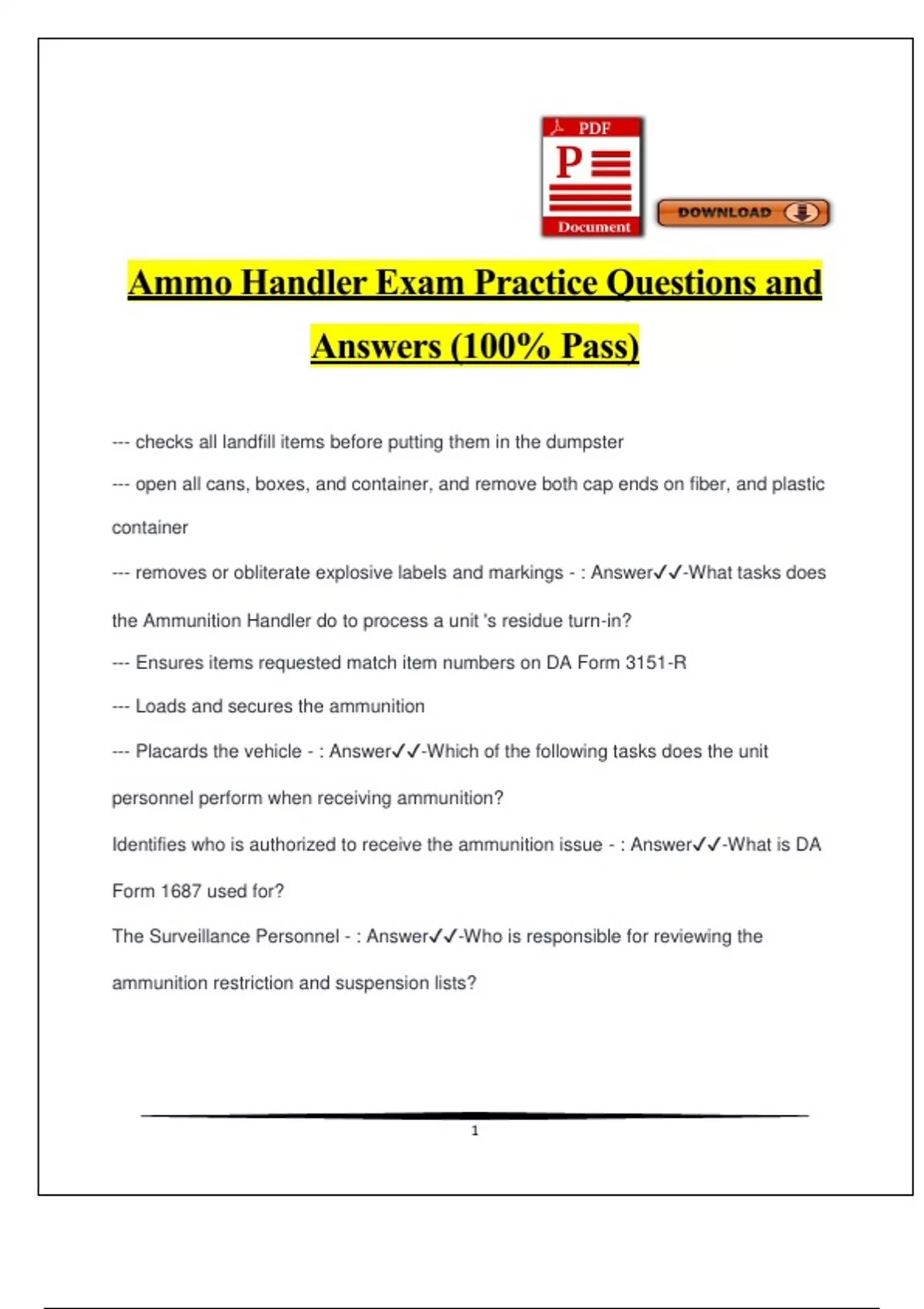 1 Ammo Handler Exam Practice Questions and Answers (100% Pass) - Ammo ...