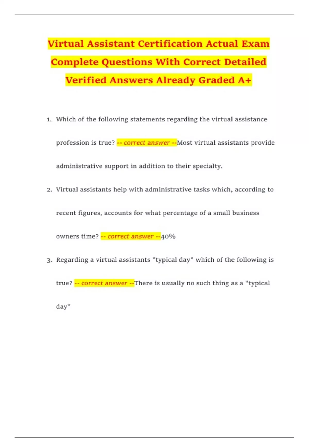 Virtual Assistant Certification Actual Exam Complete Questions With ...