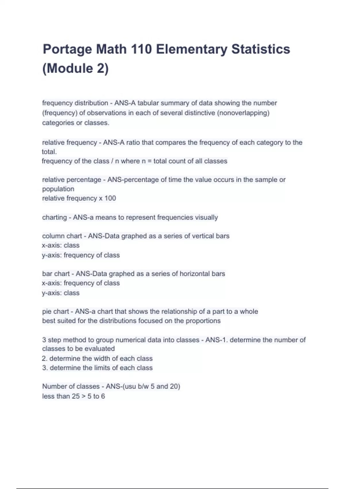 Portage Math 110 Elementary Statistics Module 2 Exit V1 Complete