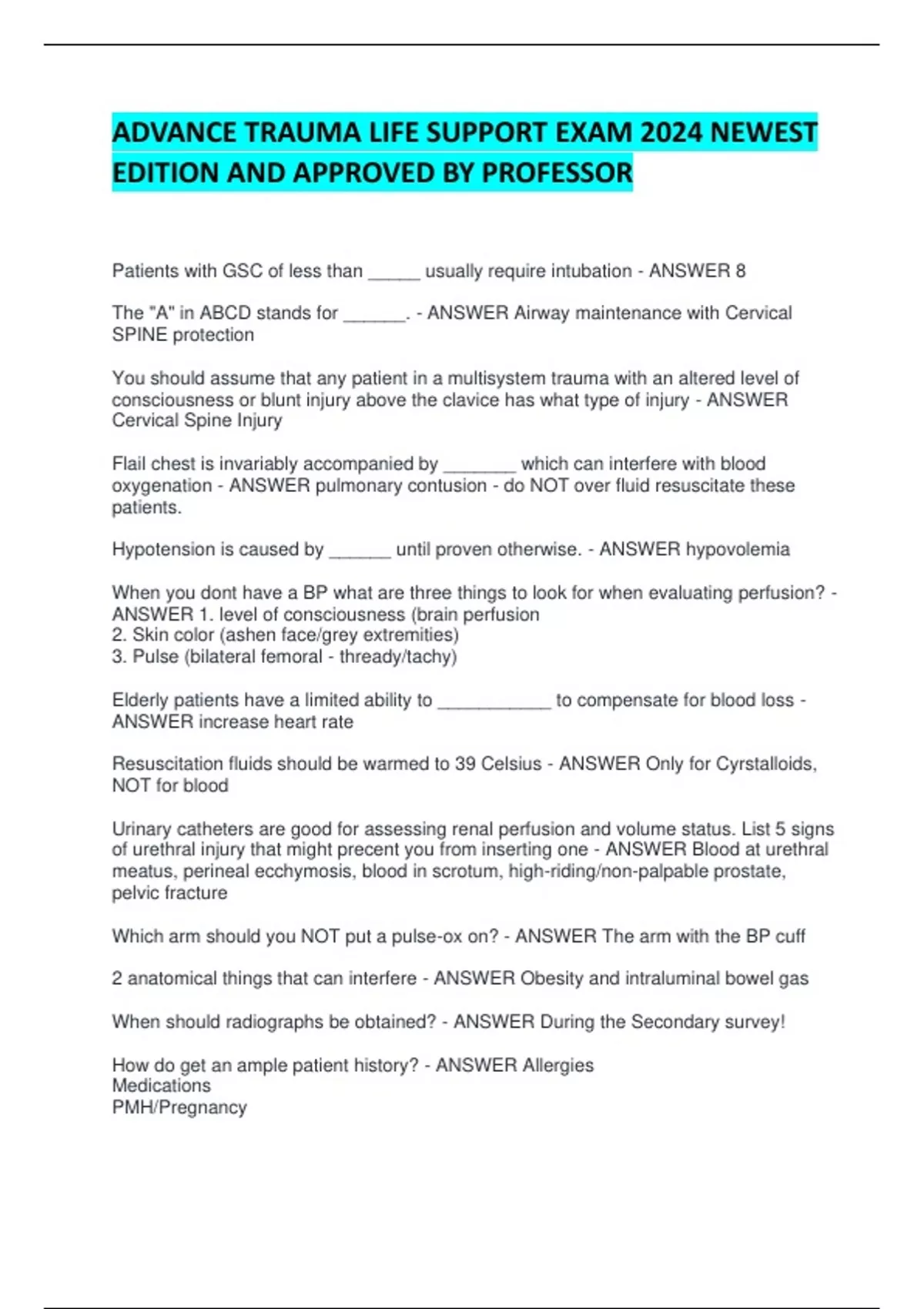 ADVANCE TRAUMA LIFE SUPPORT EXAM 2024 NEWEST EDITION AND APPROVED BY ...