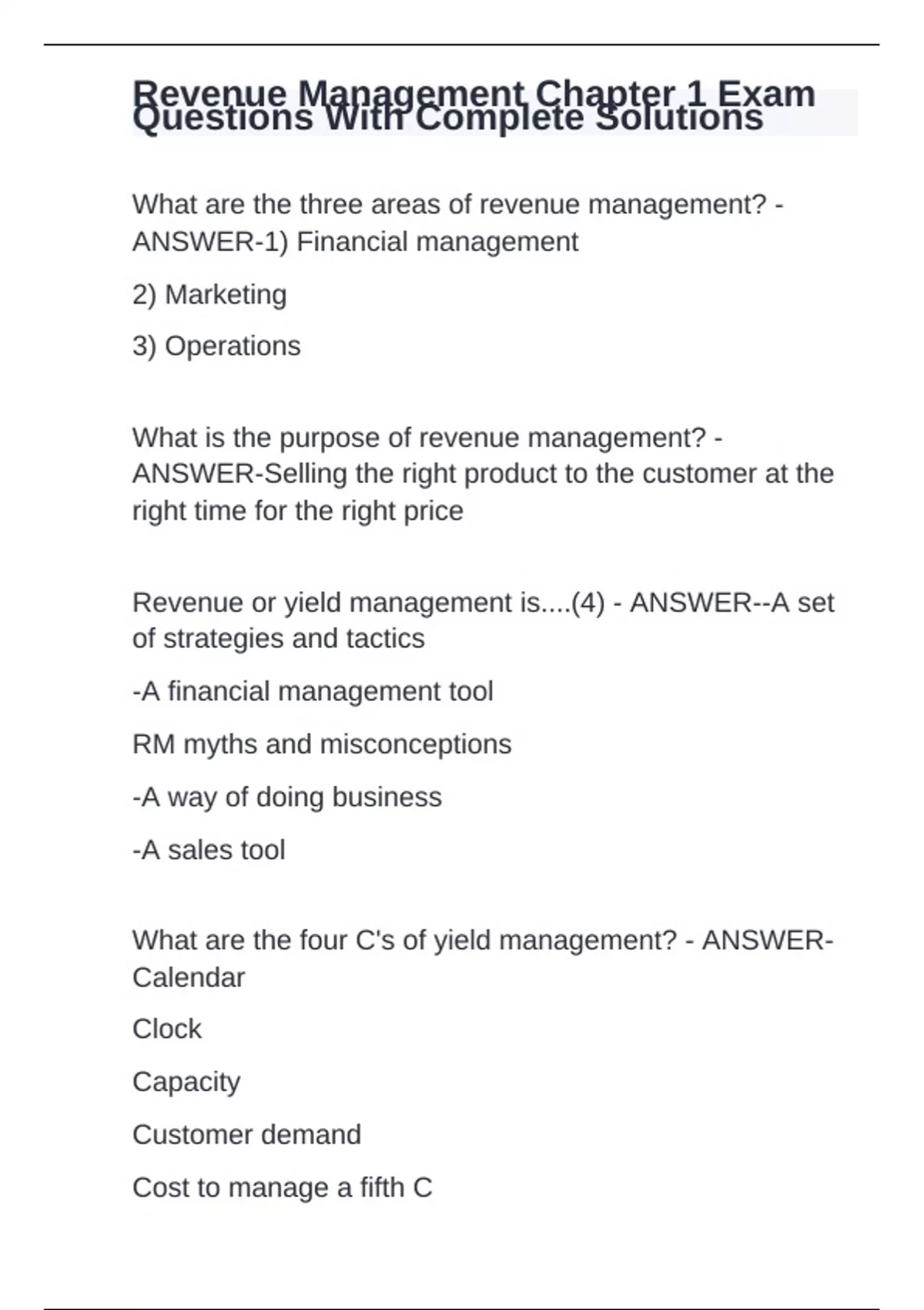 Revenue Management Chapter 1 Exam Questions With Complete Solutions ...