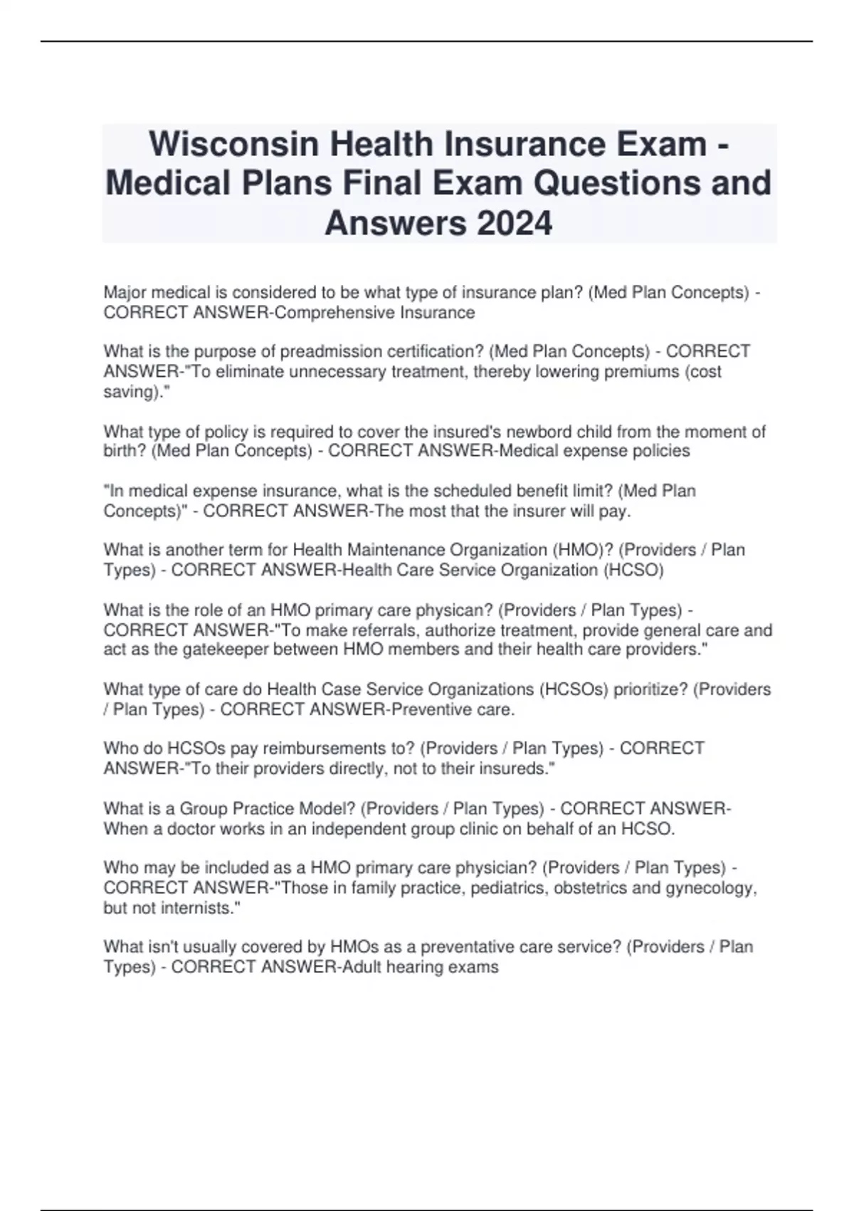 Wisconsin Health Insurance Exam - Medical Plans Final Exam Questions ...