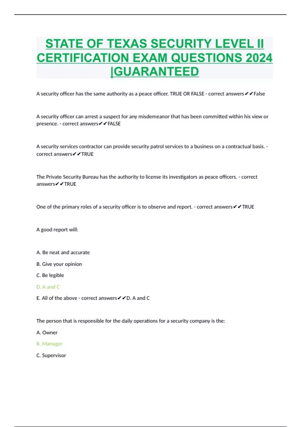 STATE OF TEXAS SECURITY LEVEL II CERTIFICATION EXAM QUESTIONS 2024 ...