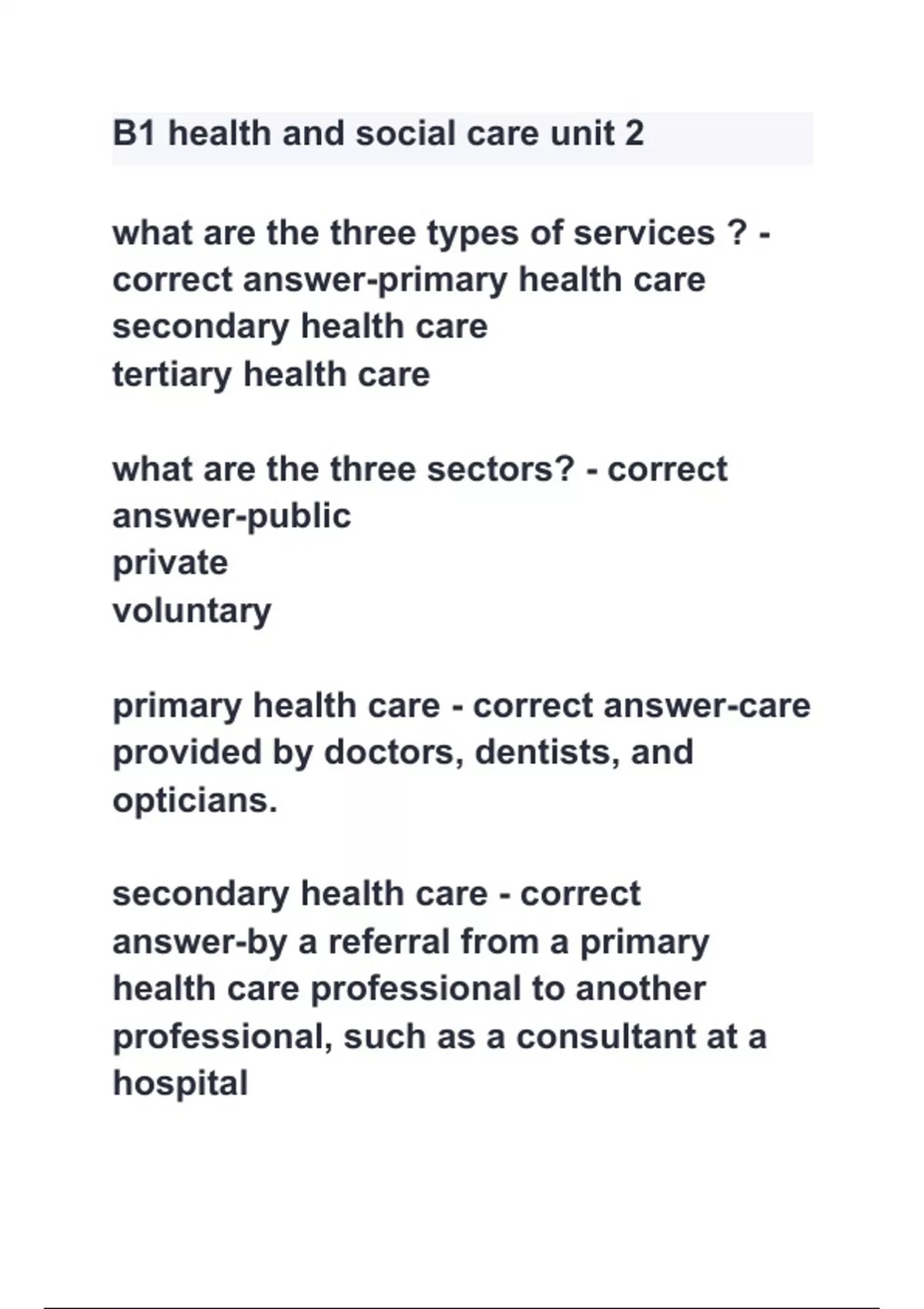 B1 health and social care unit 2. Questions with 100% Actual correct ...