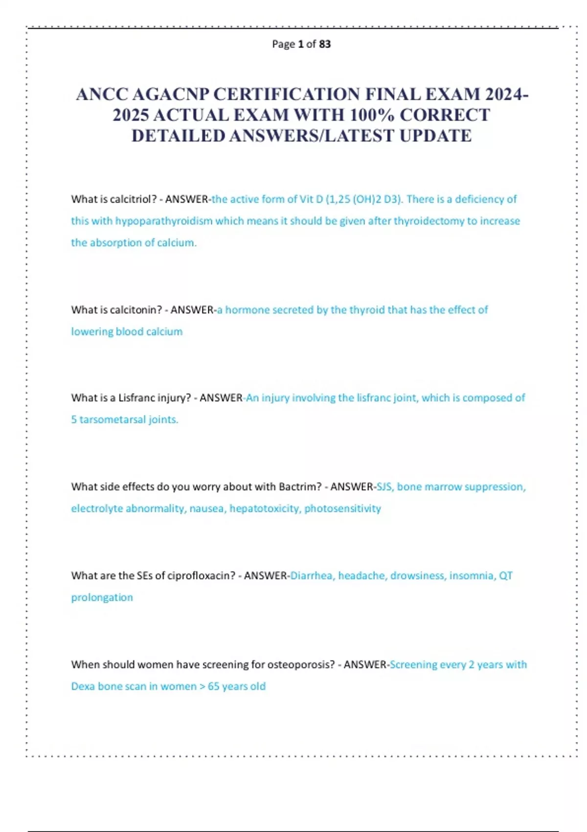 ANCC AGACNP CERTIFICATION FINAL EXAM ACTUAL EXAM WITH 100% CORRECT ...