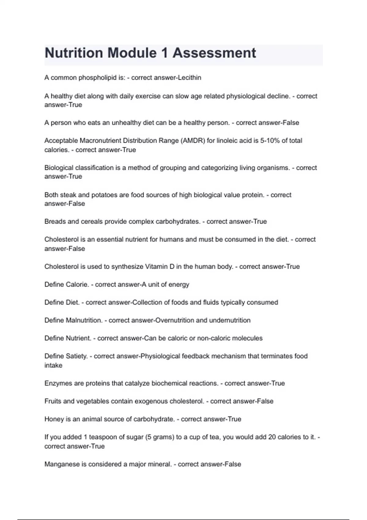 Nutrition Module 1 Assessment Questions and and answers - Human ...