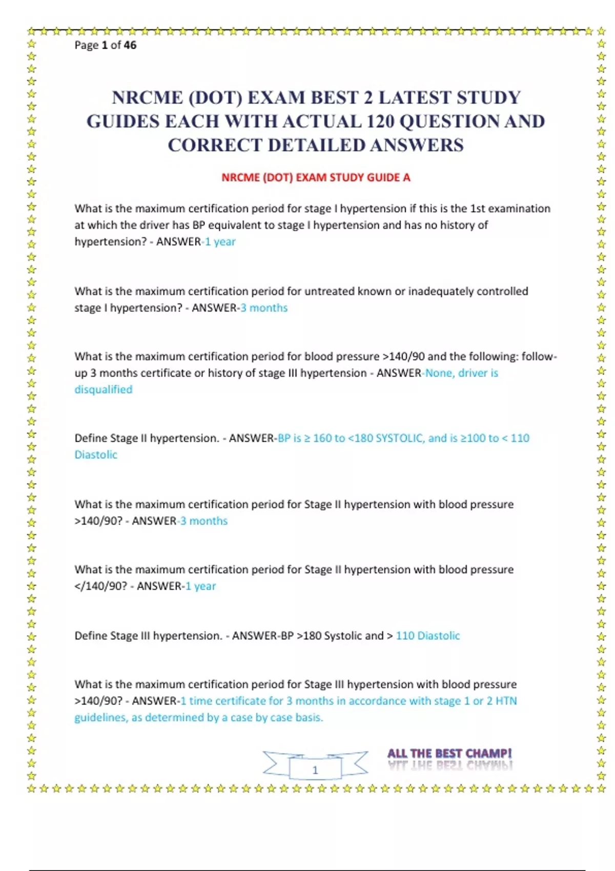 NRCME (DOT) EXAM BEST 2 LATEST STUDY GUIDES EACH WITH ACTUAL 120 ...