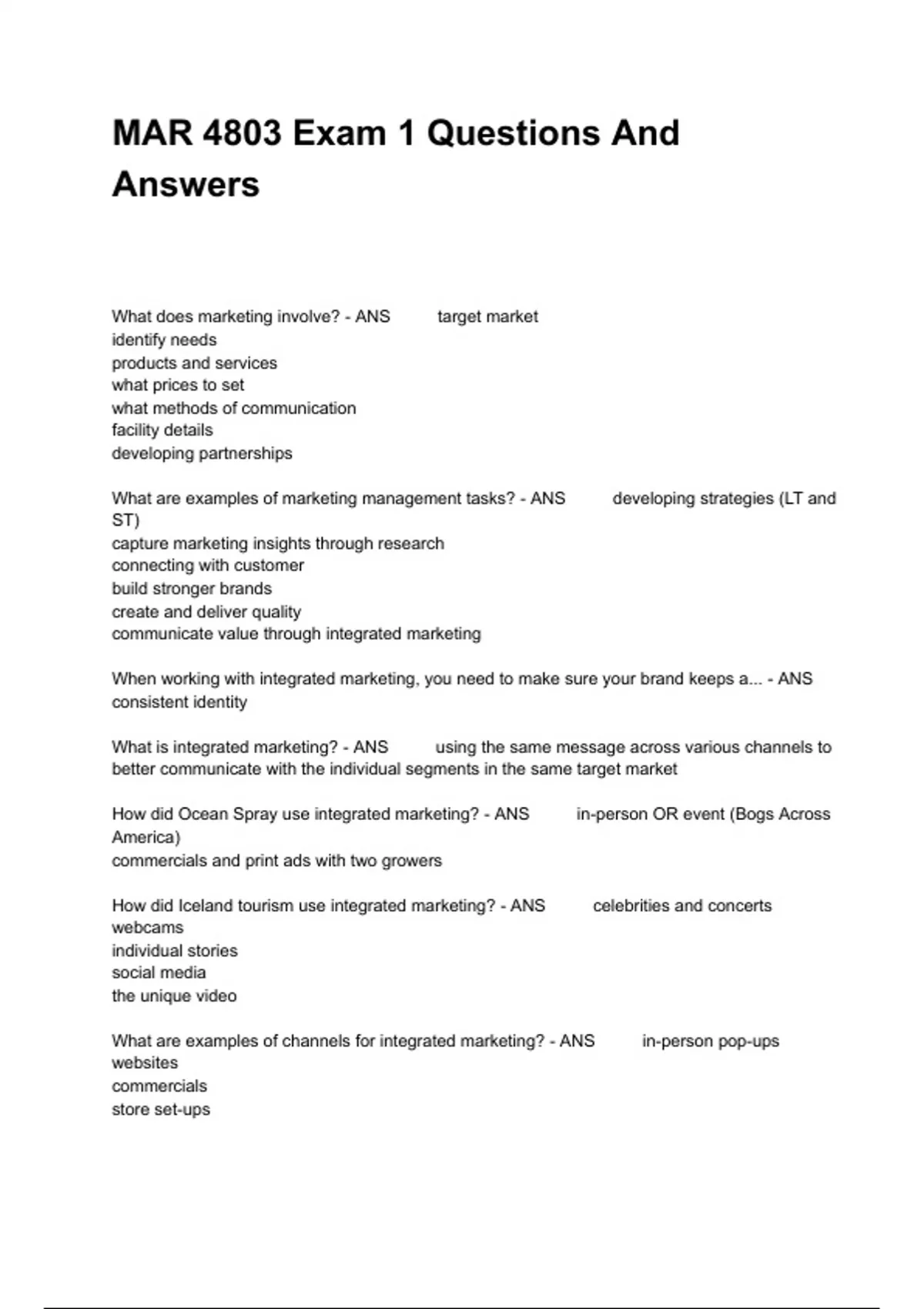 MAR 4803 Exam 1 Questions And Answers Package Deal - Stuvia US