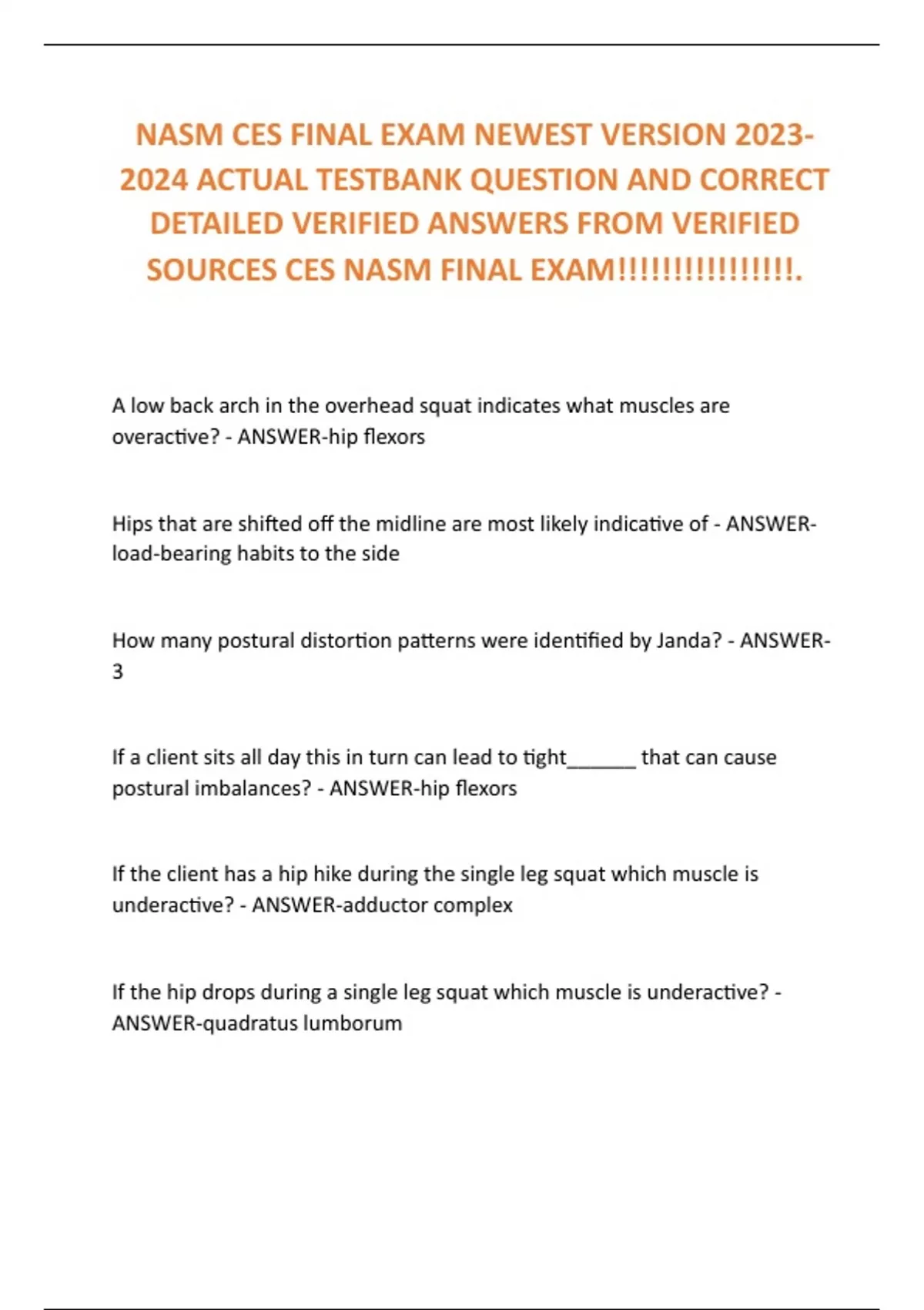 NASM CES FINAL EXAM NEWEST VERSION ACTUAL TESTBANK QUESTION AND CORRECT ...