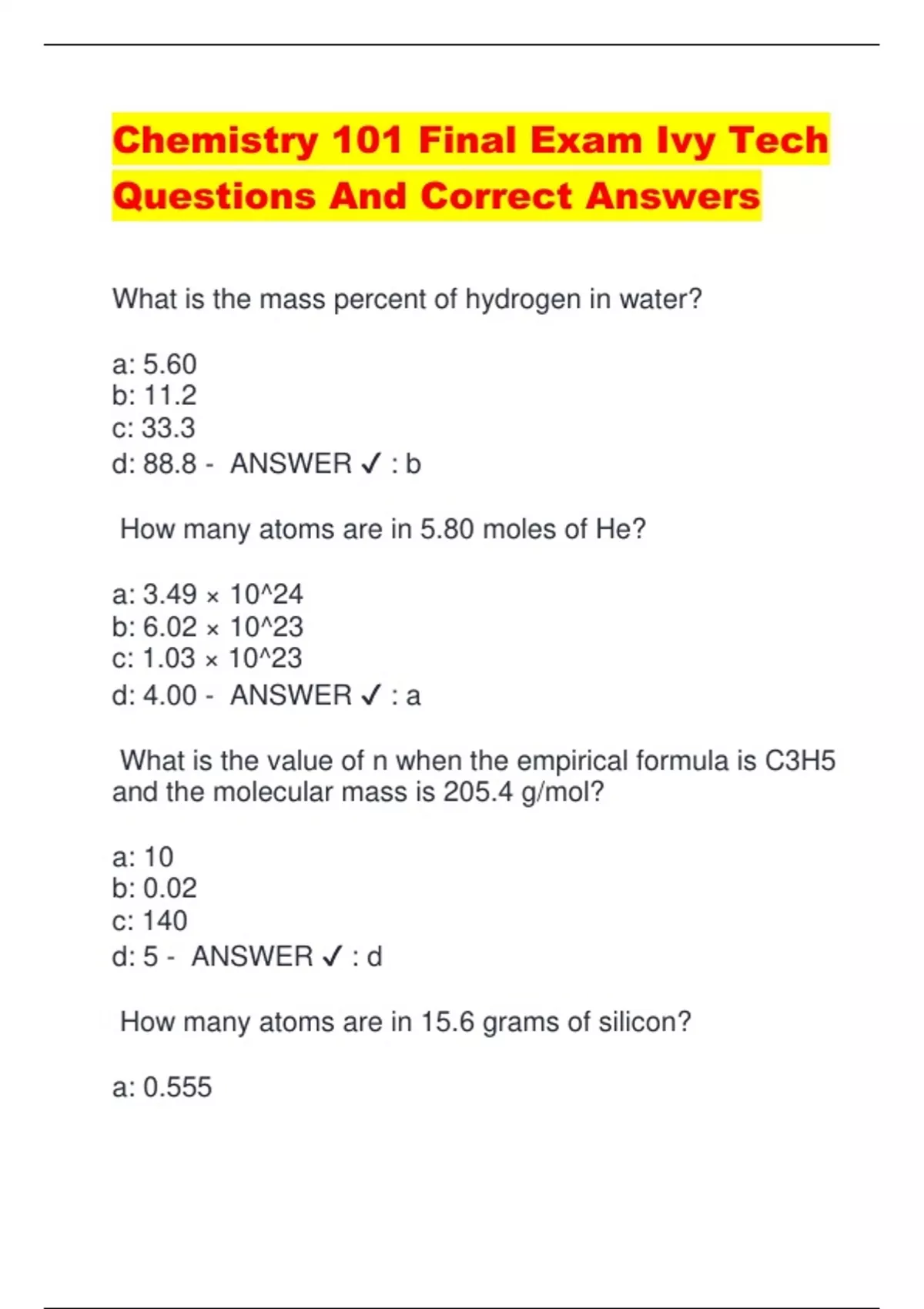 Chemistry 101 Final Exam Ivy Tech Questions And Correct Answers - UNE ...
