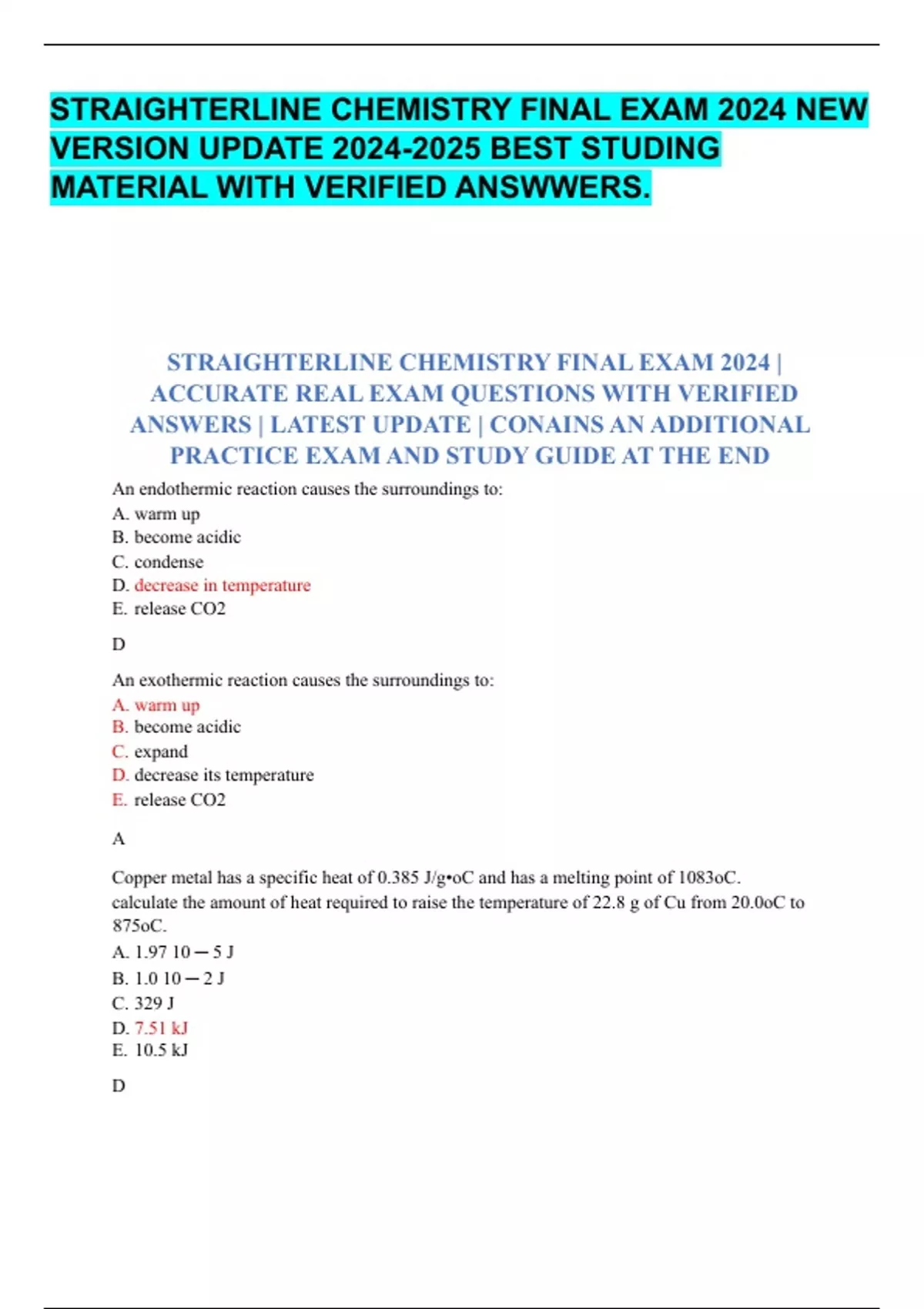 STRAIGHTERLINE CHEMISTRY FINAL EXAM 2024 NEW VERSION UPDATE BEST ...