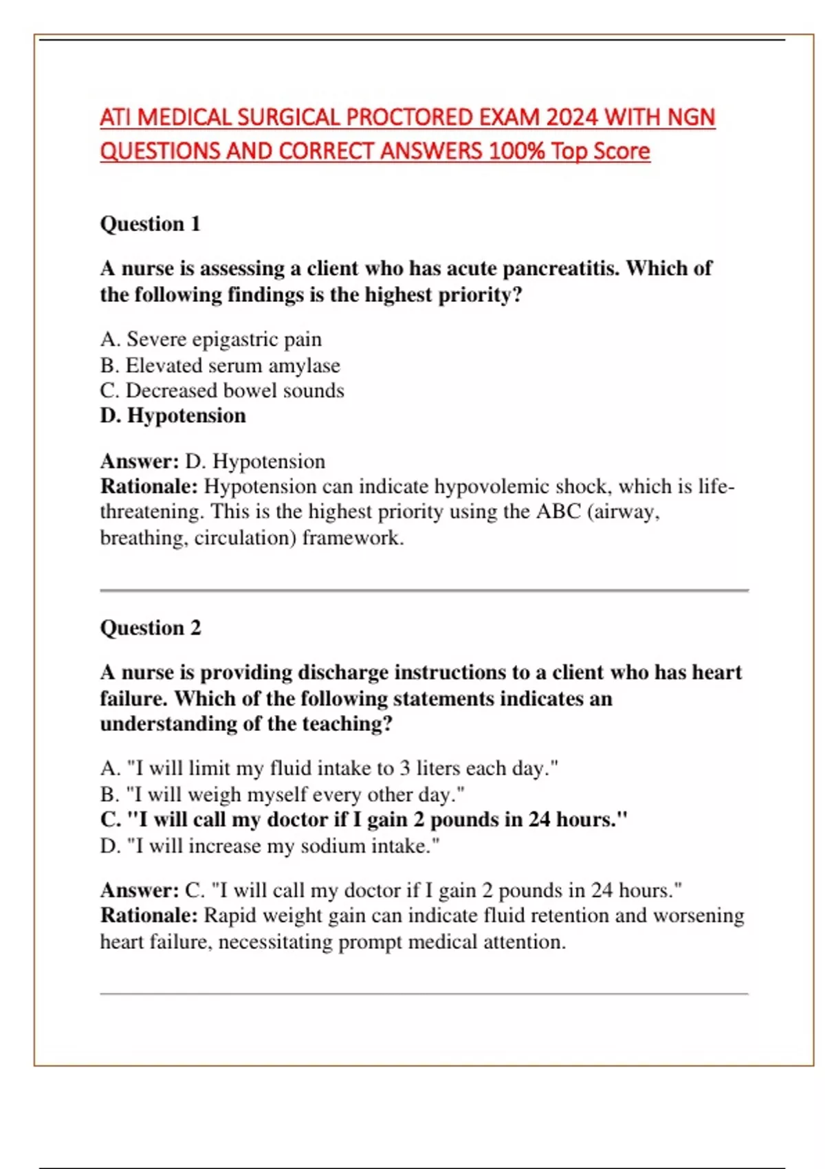 ATI MEDICAL SURGICAL PROCTORED EXAM 2024 WITH NGN QUESTIONS AND CORRECT ...
