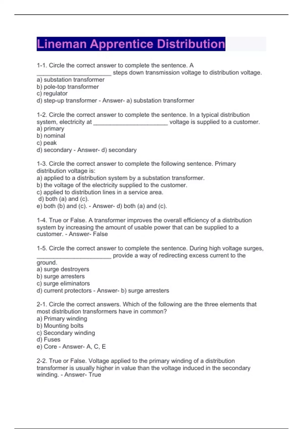 Lineman Apprentice Distribution Questions with Correct Answers - Lineman Apprentice Distribution ...