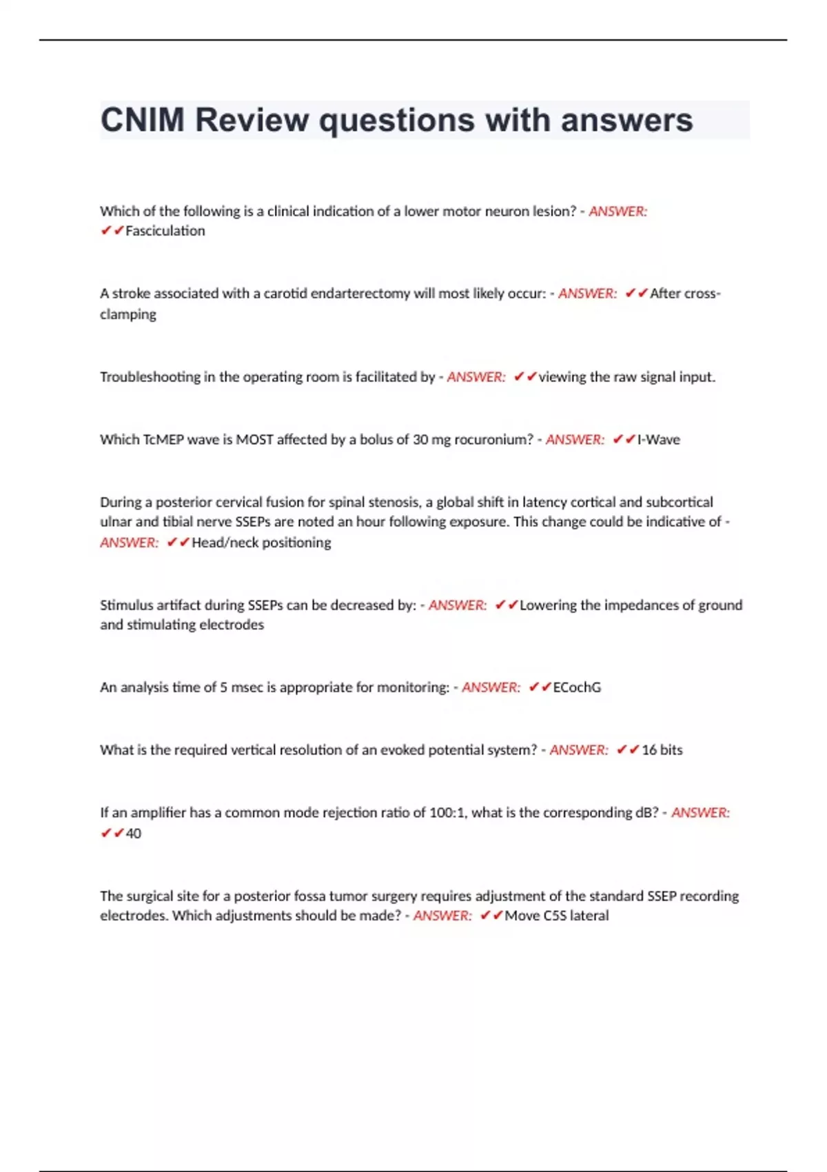 CNIM Review questions with answers - CNIM - Stuvia US