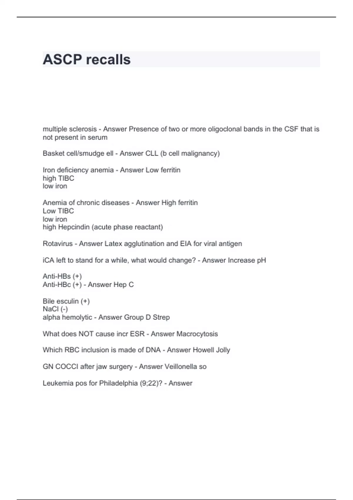 ASCP recalls Exam Questions with Correct Solutions - ASCP recalls - Stuvia US