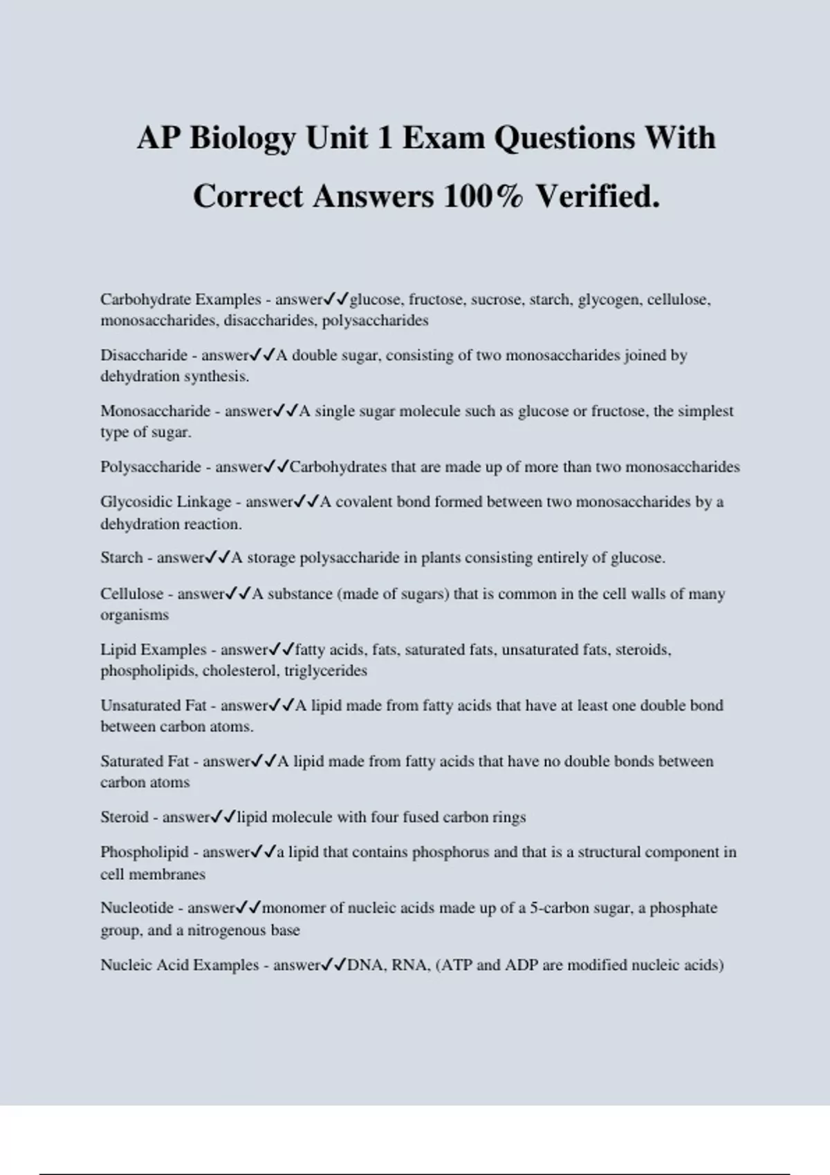 AP Biology Unit 1 Exam Questions With Correct Answers 100% Verified ...